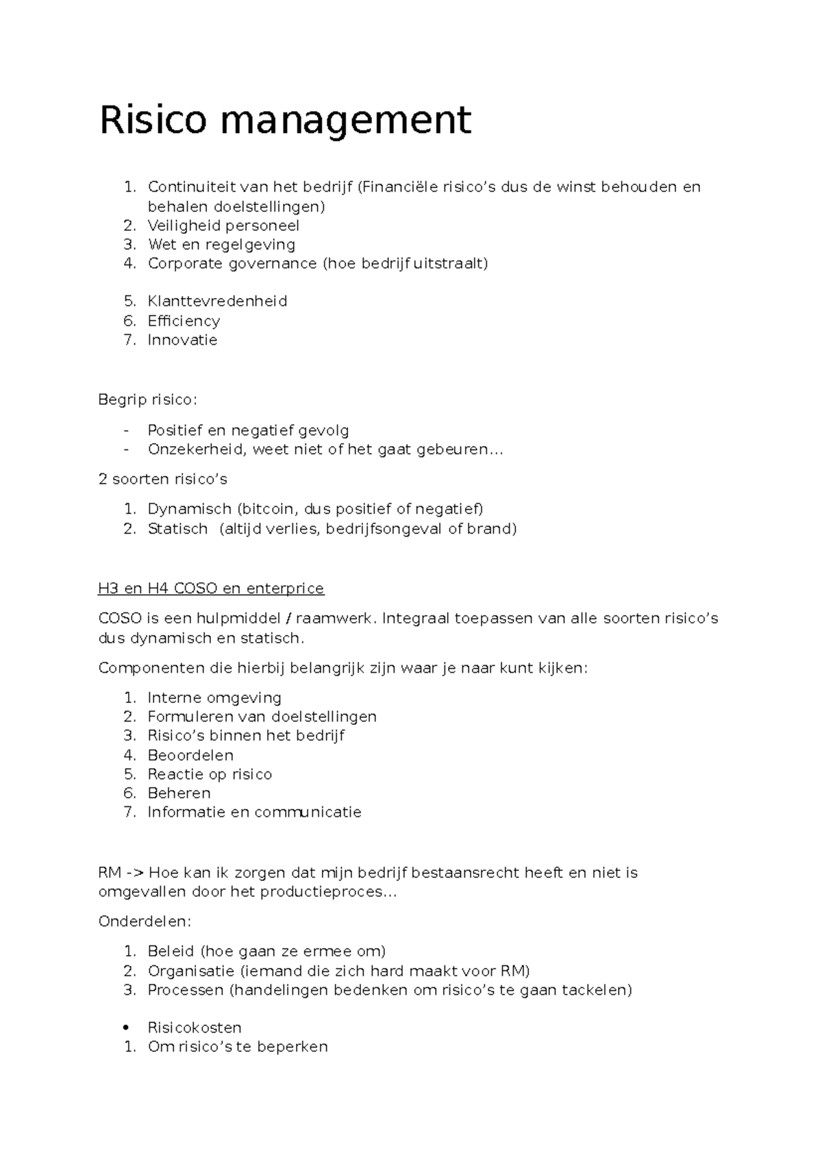 Hoorcollege Risicomanagement - Risico management Continuiteit van het bedrijf (Financiële risico ...