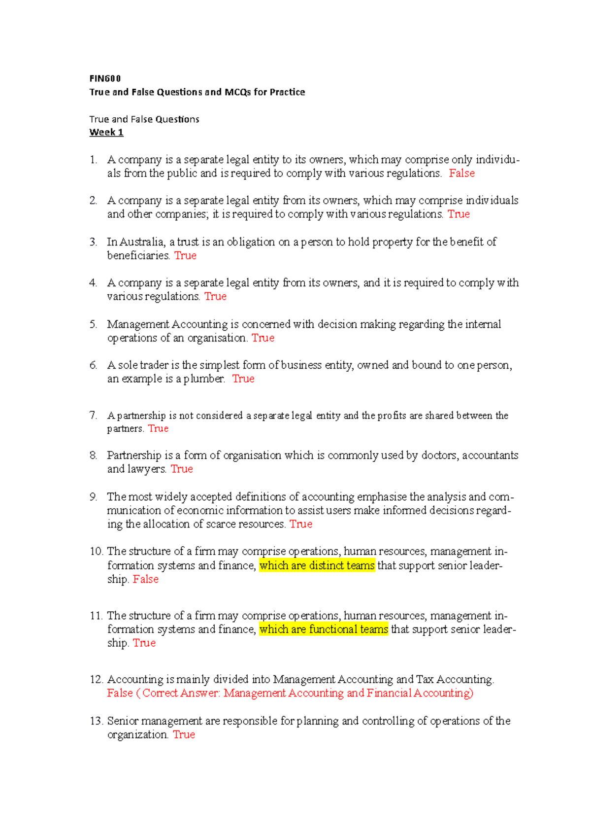 True and Flase Questions Weeks 1 4 - FIN True and False Questions and ...