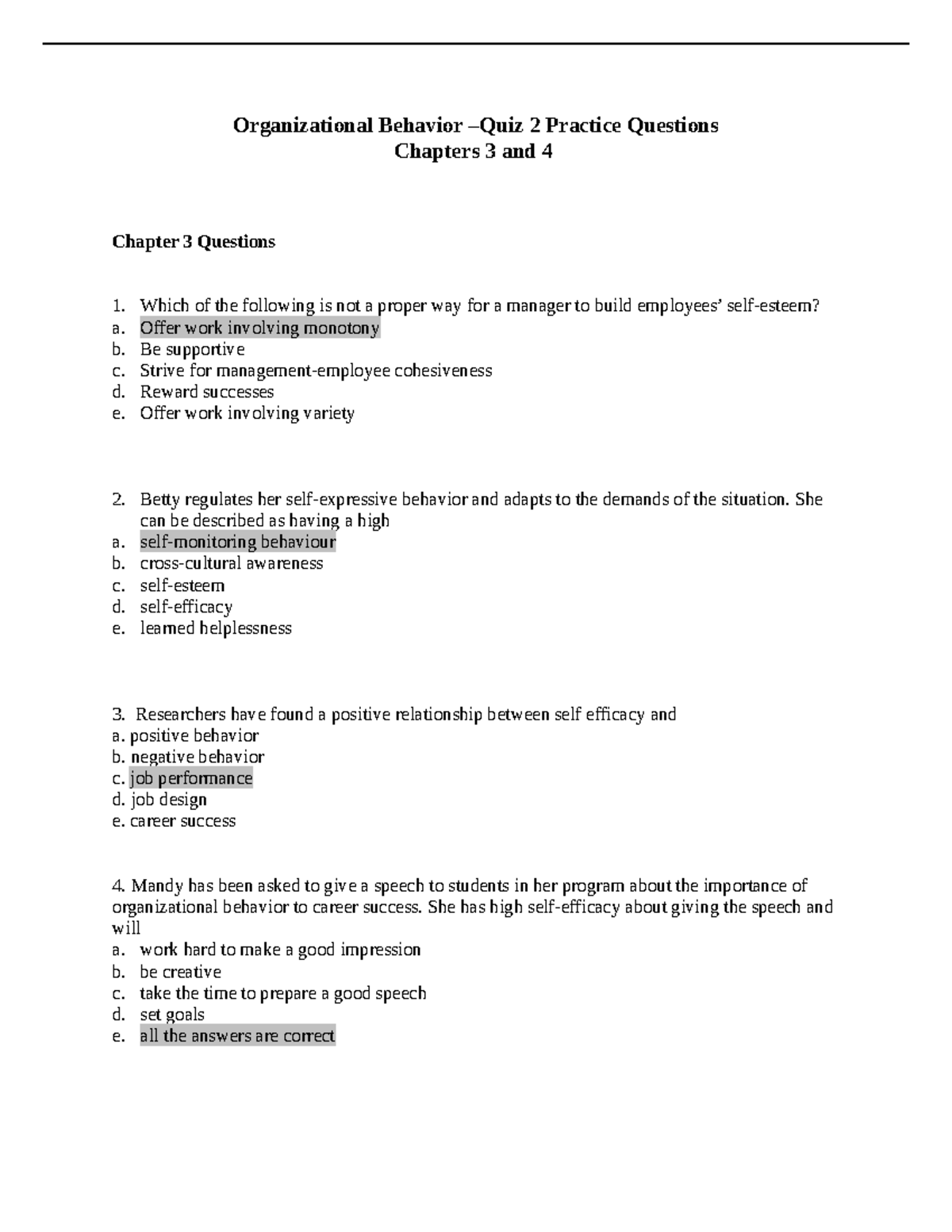 Organizational Behavior Quiz 2 Practice Questions CHapter 3 and 4 ...
