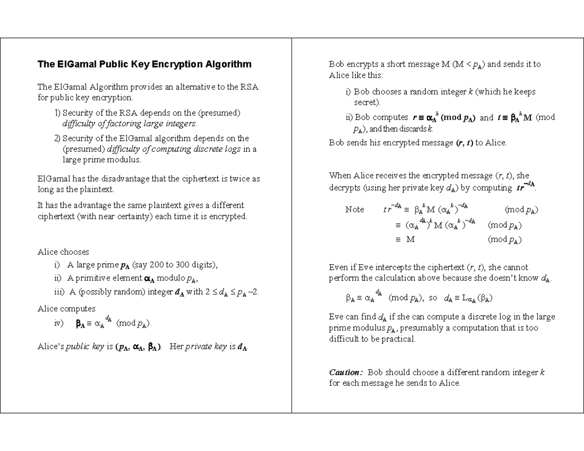 El-gamal . - for public key encryption. The ElGamal Algorithm provides an - Studocu