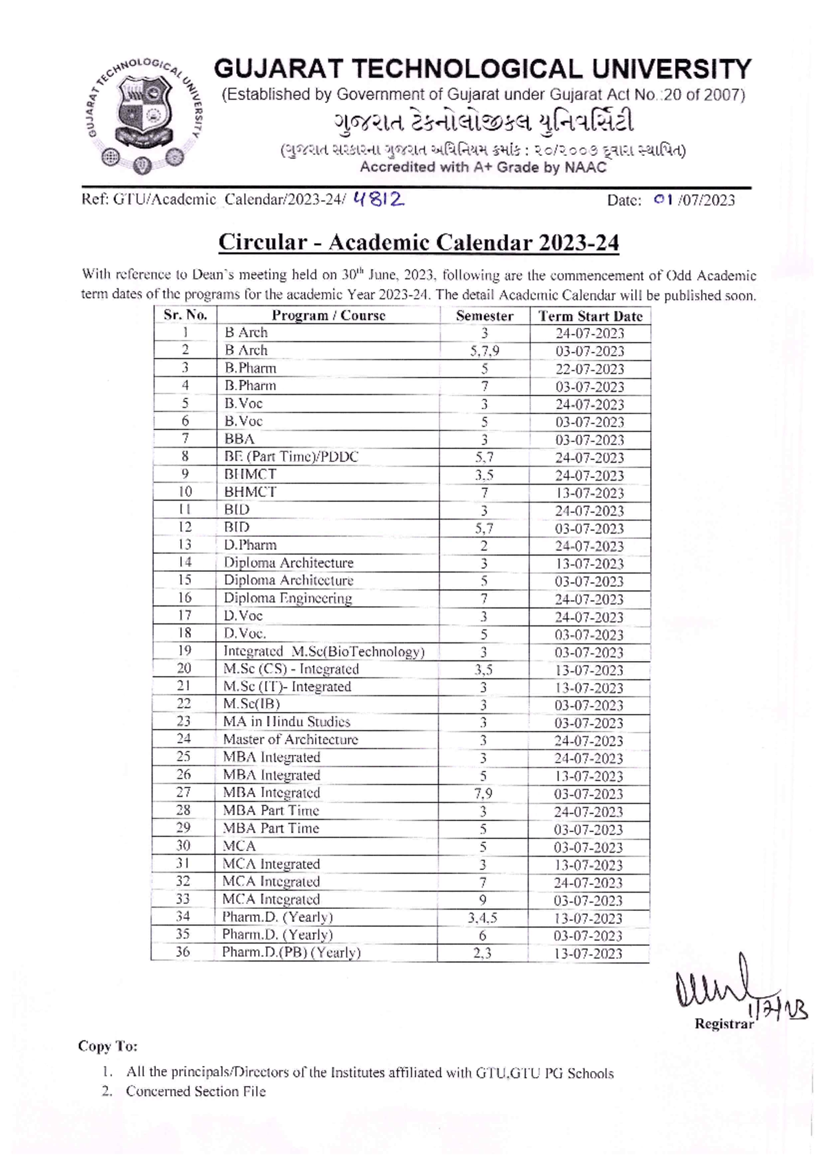 Academic Calender 2023,24. Circuler 750861 - mechanical engineering ...