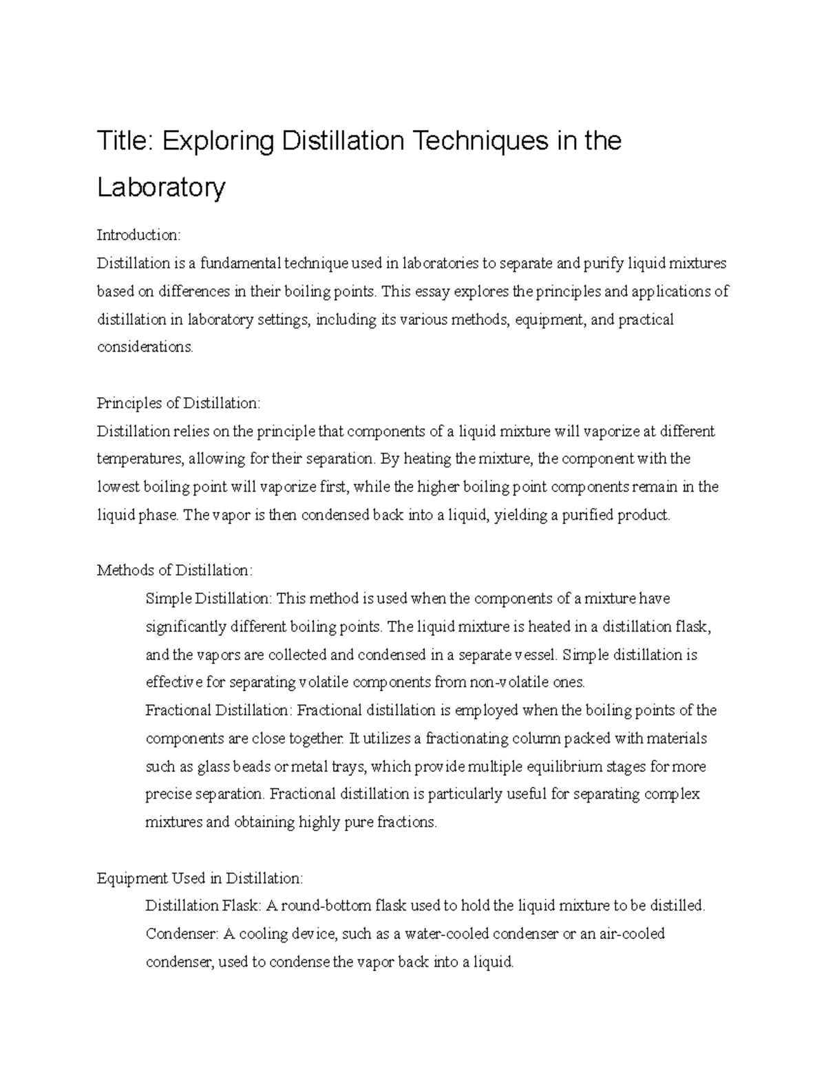 Distillation Report - Title: Exploring Distillation Techniques in the Laboratory Introduction ...