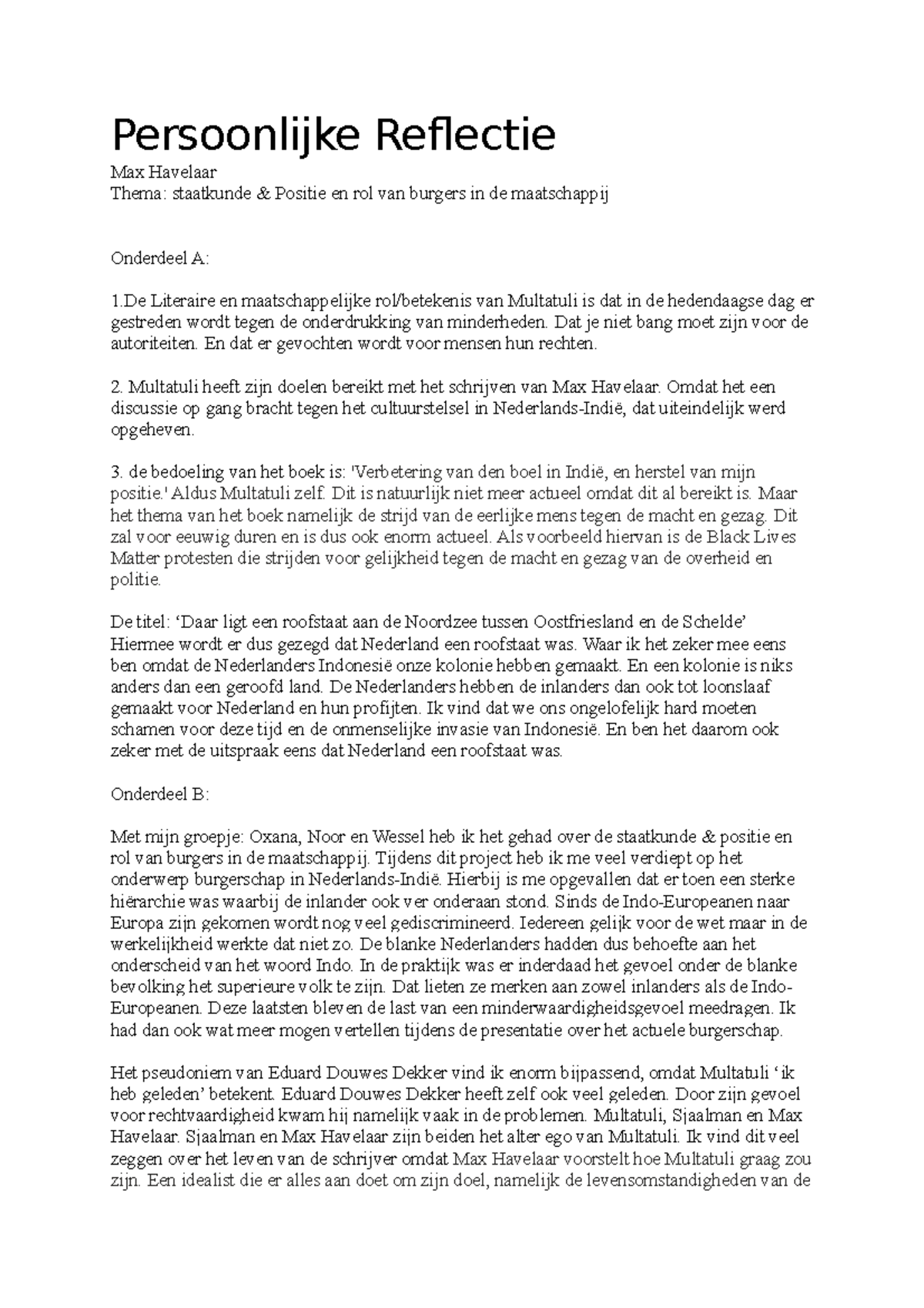 Persoonlijke reflectie Max Havelaar - Persoonlijke Reflectie Max ...