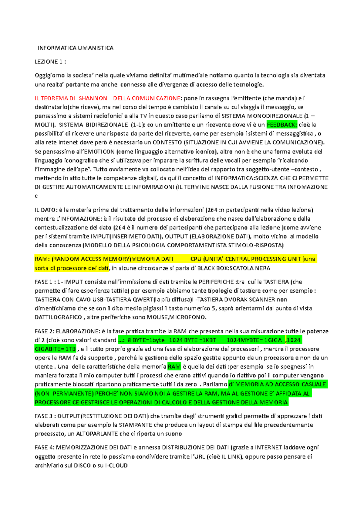 Informatica Umanistica, appunti sulle lezioni - INFORMATICA UMANISTICA ...