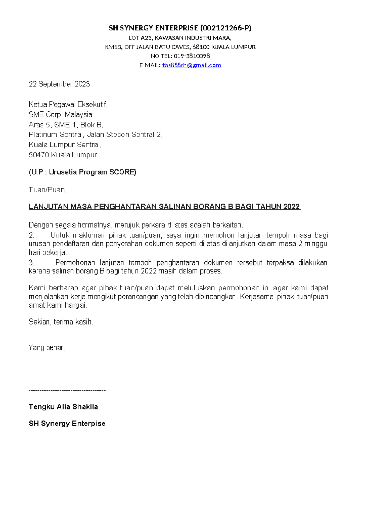 Food Sampling Letter 1 - SH SYNERGY ENTERPRISE (002121266-P) LOT A23 ...