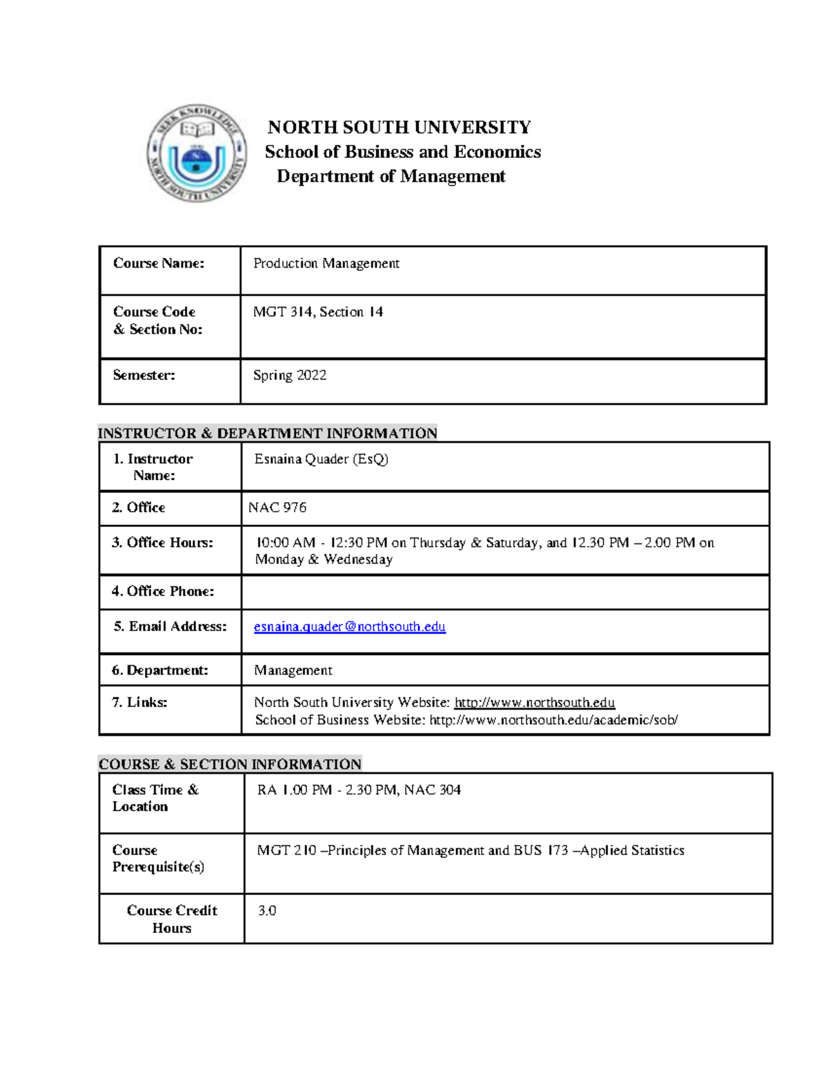 MGT314 course outline - NORTH SOUTH UNIVERSITY School of Business and ...