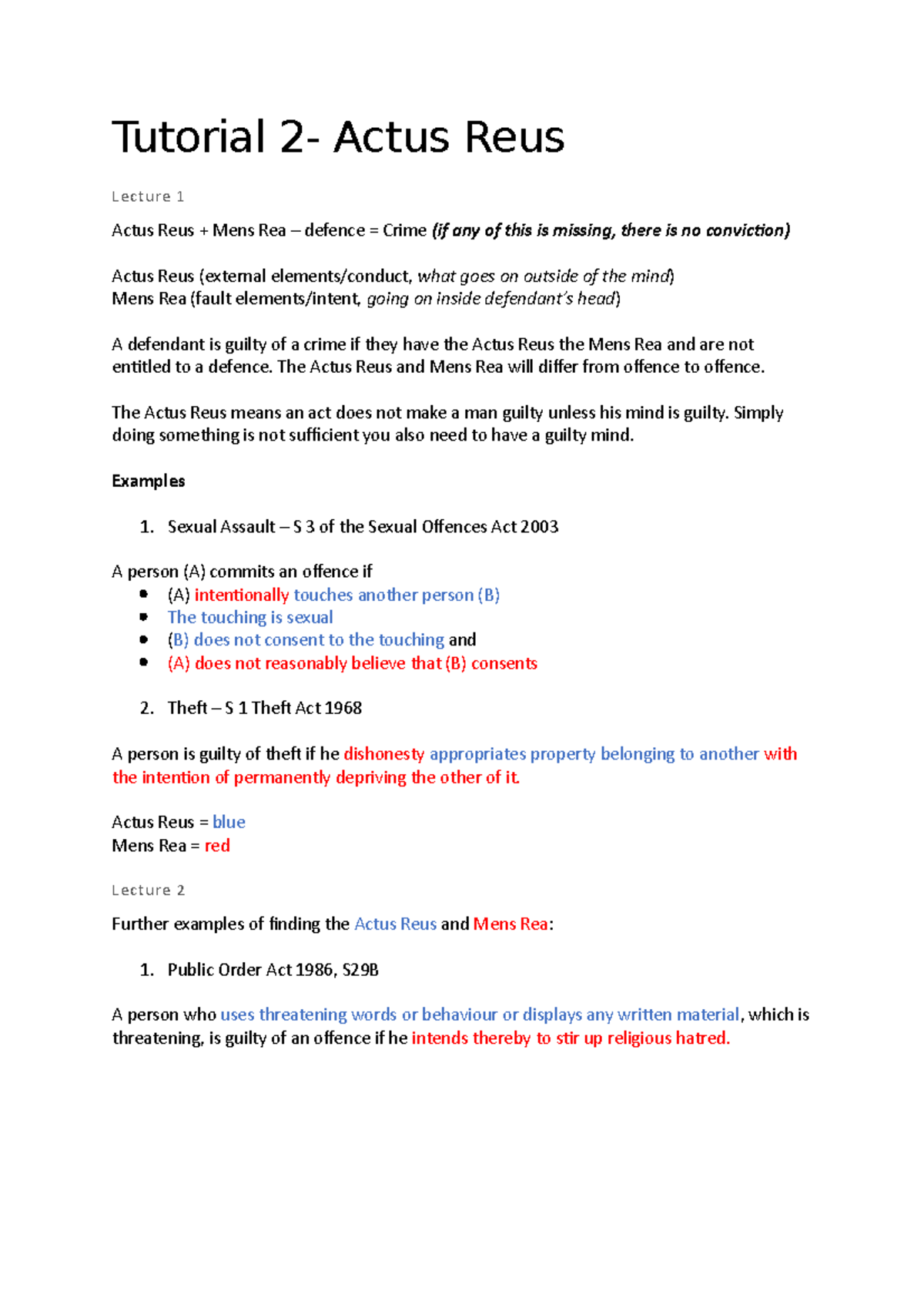 Tutorial 2 - Actus Reus - Tutorial 2- Actus Reus Lecture 1 Actus Reus ...