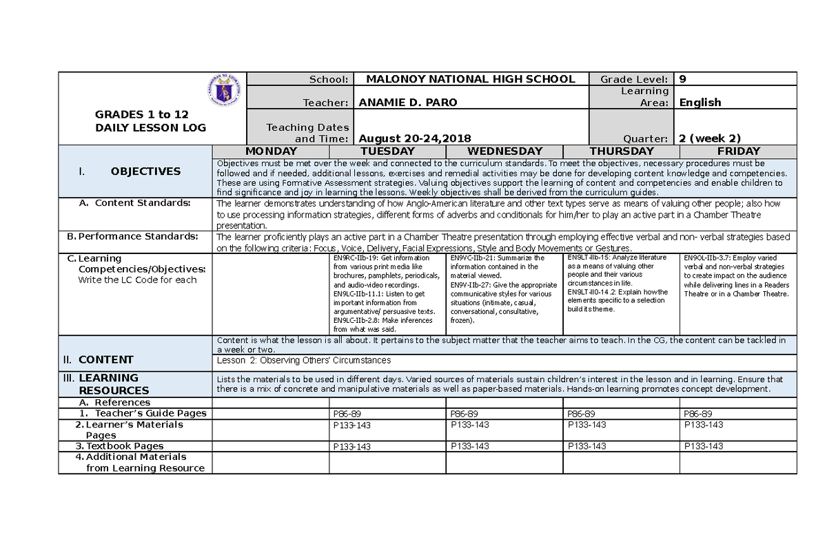 Eng 9 dll 2q 2 wk - Copy - DLL - GRADES 1 to 12 DAILY LESSON LOG School ...