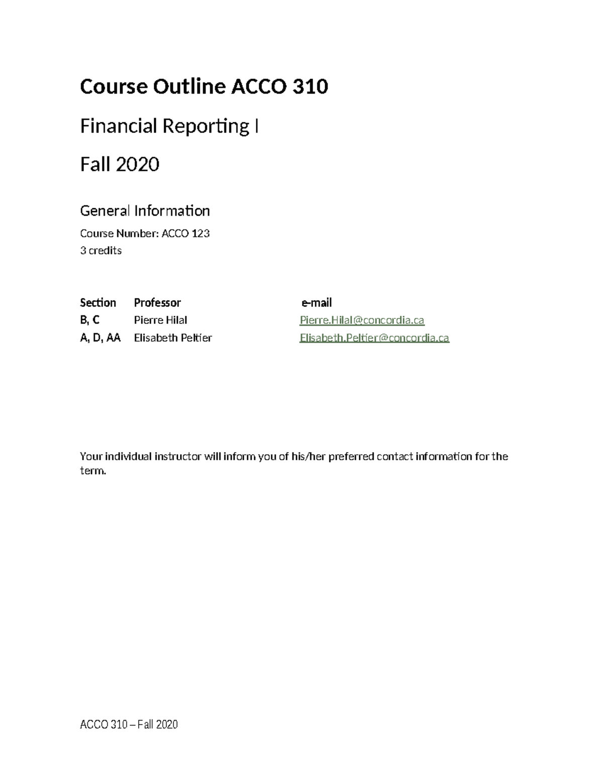 Course outline Fall 2020 - Course Outline ACCO 310 Financial Reporting ...