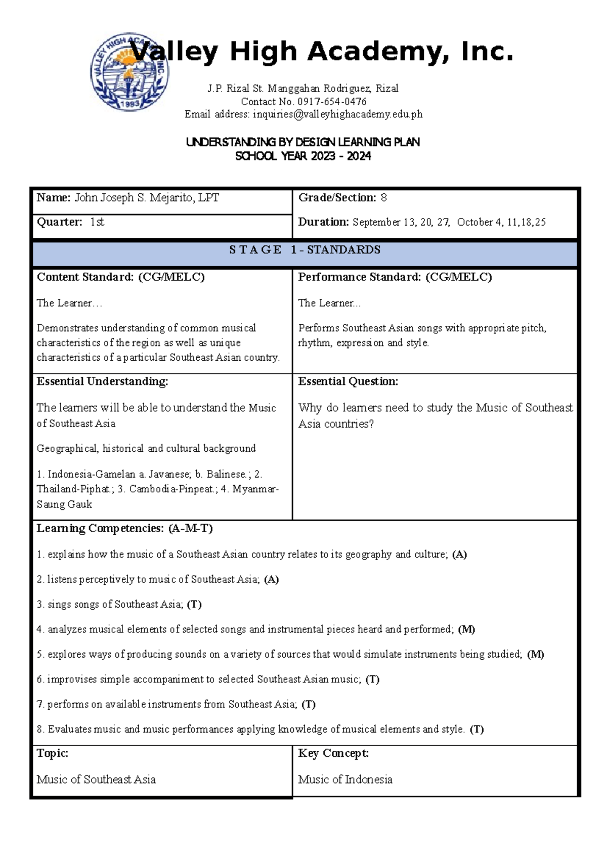 Learning-PLAN- Mapeh- Music- Grade 8 1ST Quarter - J. Rizal St ...