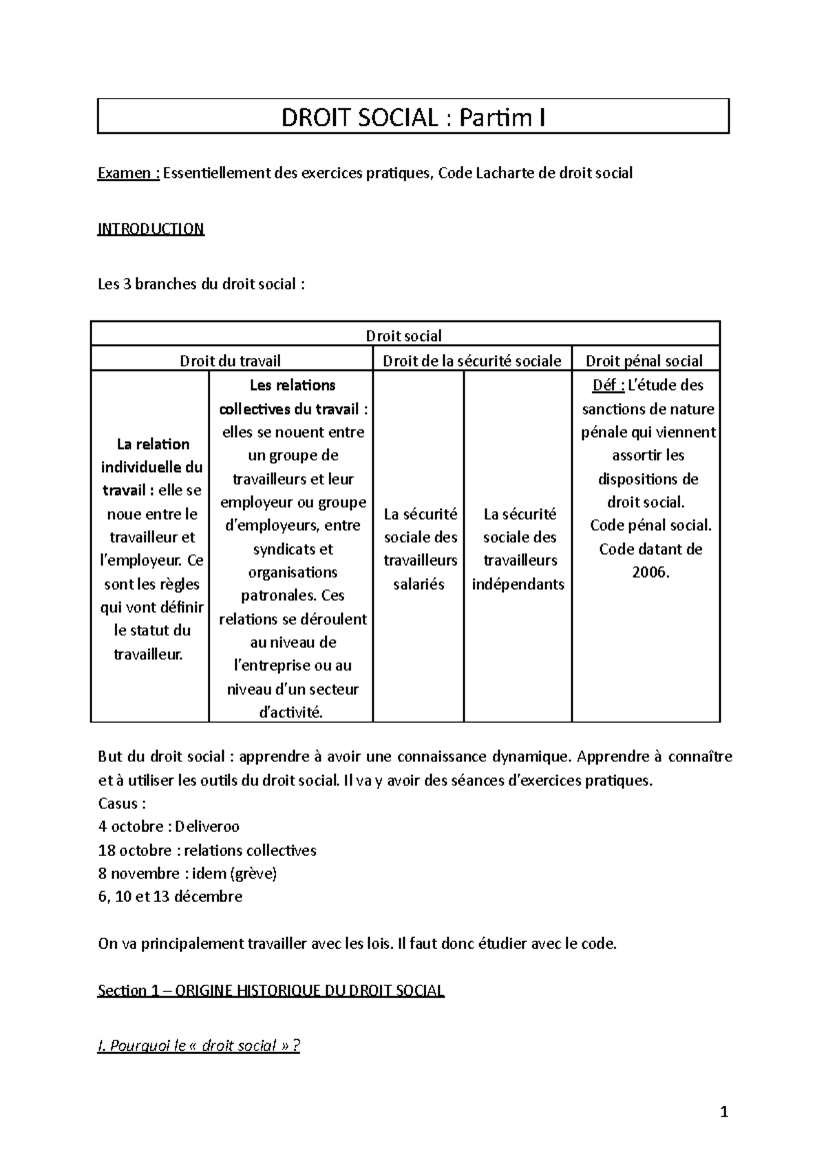 Droit social I - synthèse 2019-2020 - DROIT SOCIAL : Partim I Examen ...