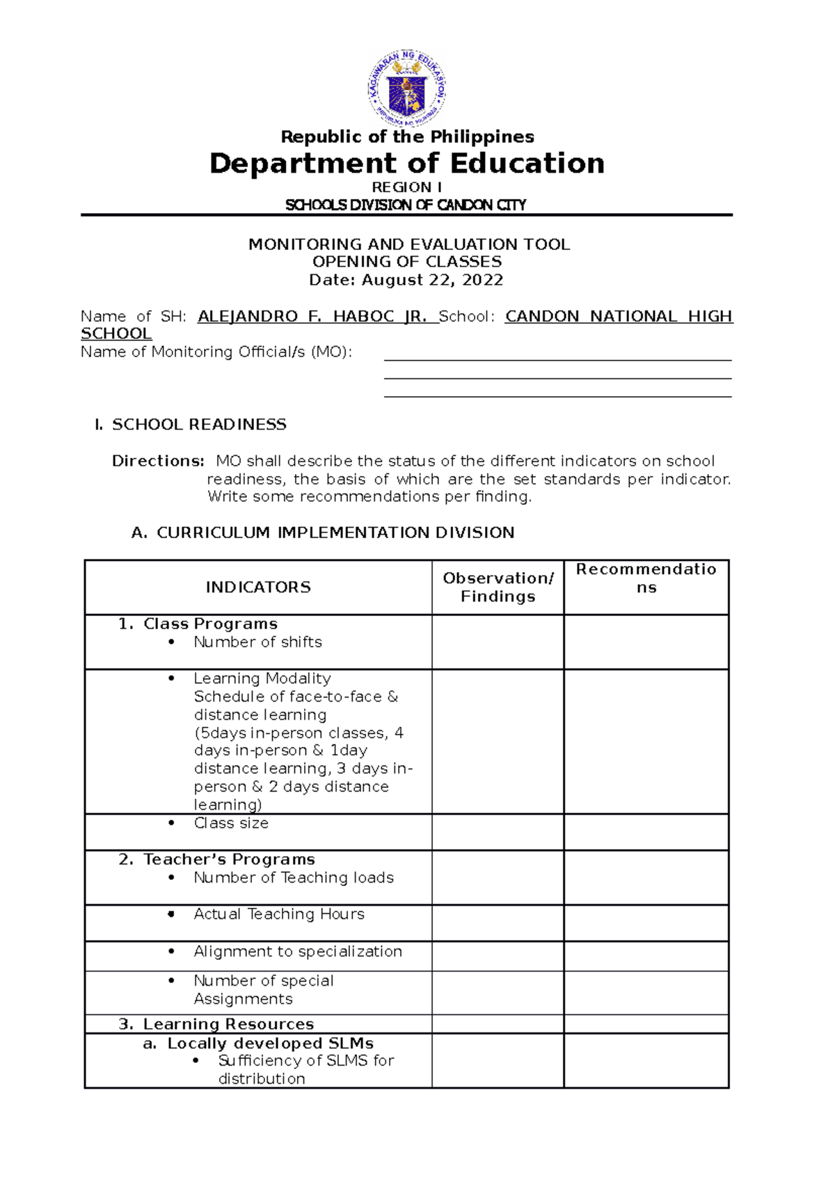 Opening-of-Classes-2022-Monitoring-Tool final - Department of Education ...