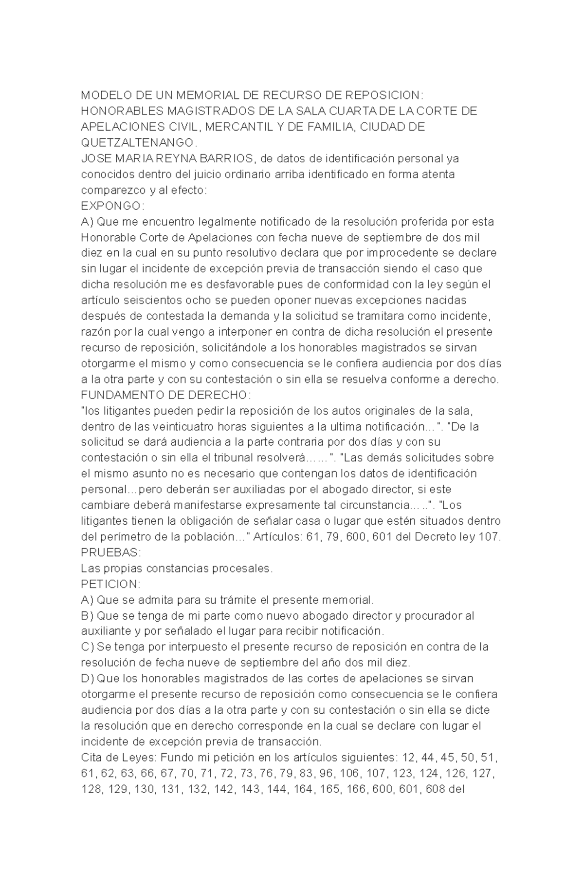 Modelo de Un Memorial de Recurso de Reposicion Civil - MODELO DE UN MEMORIAL DE RECURSO DE - Studocu