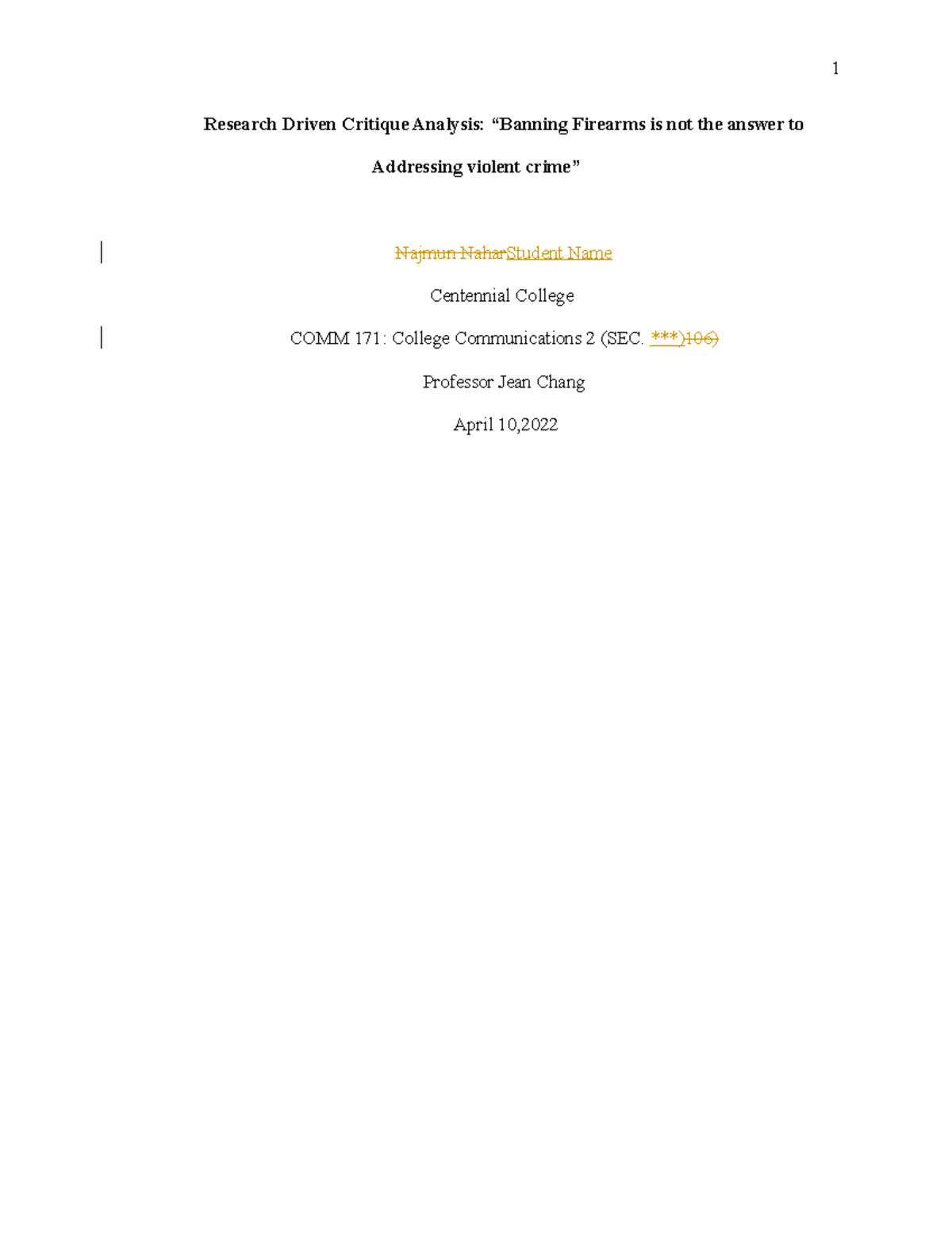 Research Essay Sample 4 - Effective - Research Driven Critique Analysis: “Banning Firearms is ...