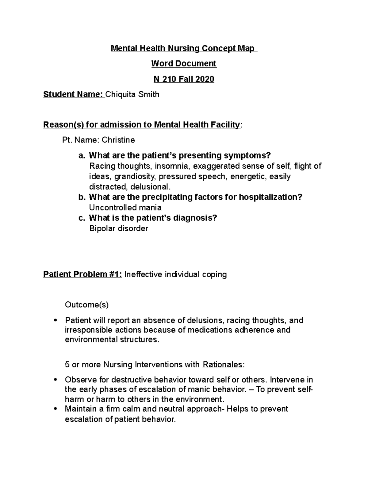 Mental Health Nursing Concept Map Word Document - Name: Christine a ...