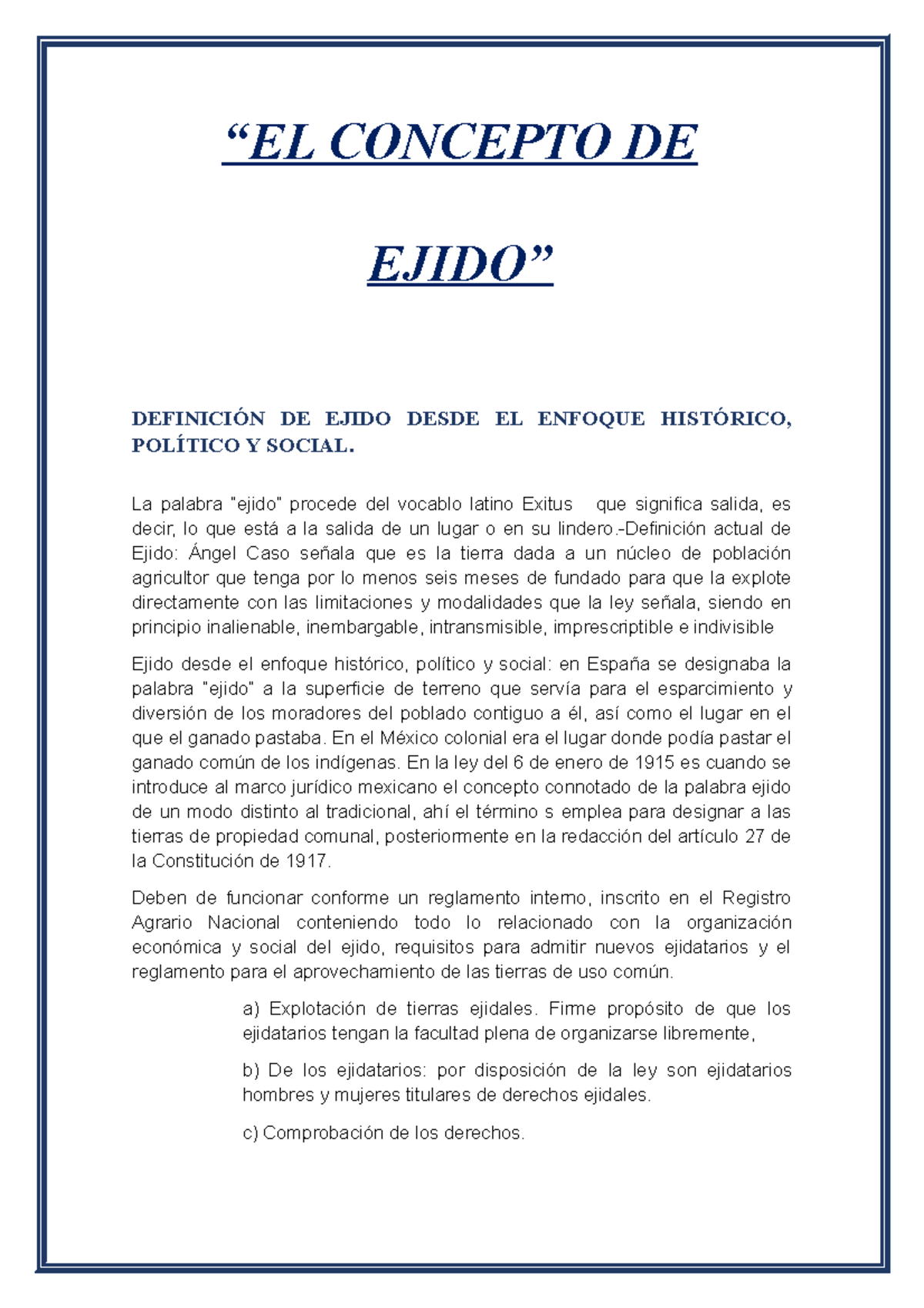 EL Concepto DE Ejido - tRABAJO SOBRE EL DERECHO AGRARIO - “EL CONCEPTO ...