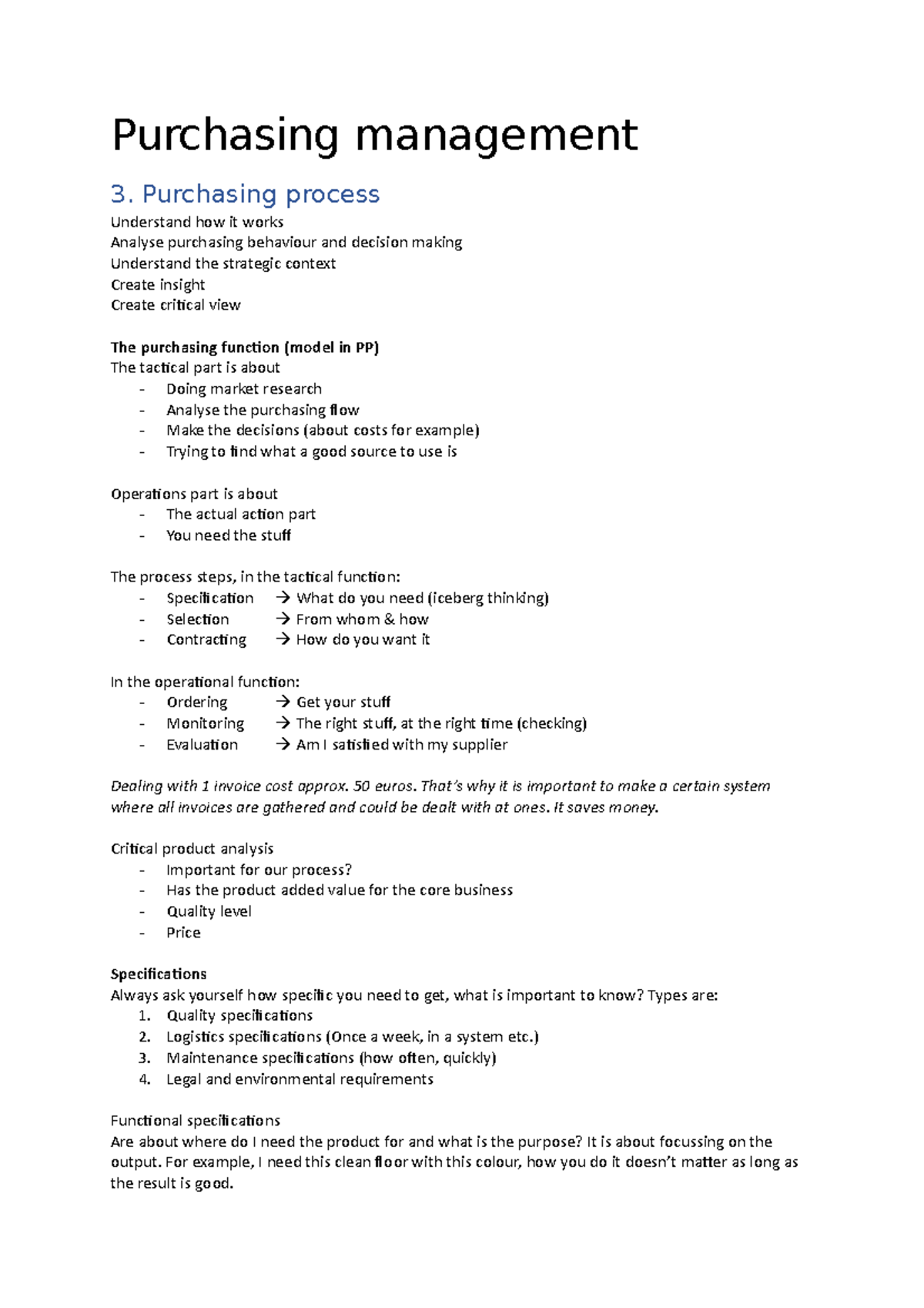 Purchasing Notes - Samenvatting van lectures - Purchasing management 3 ...