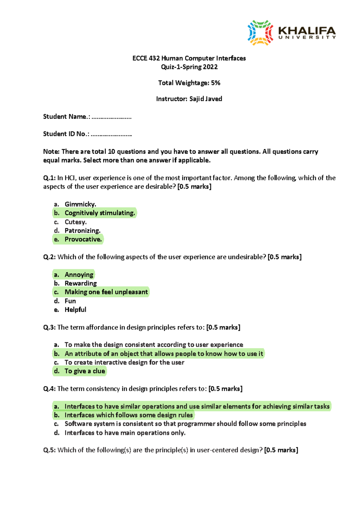 Quiz-1 - Solution - quiz - ECCE 432 Human Computer Interfaces Quiz- 1 - Spring 2022 Total ...