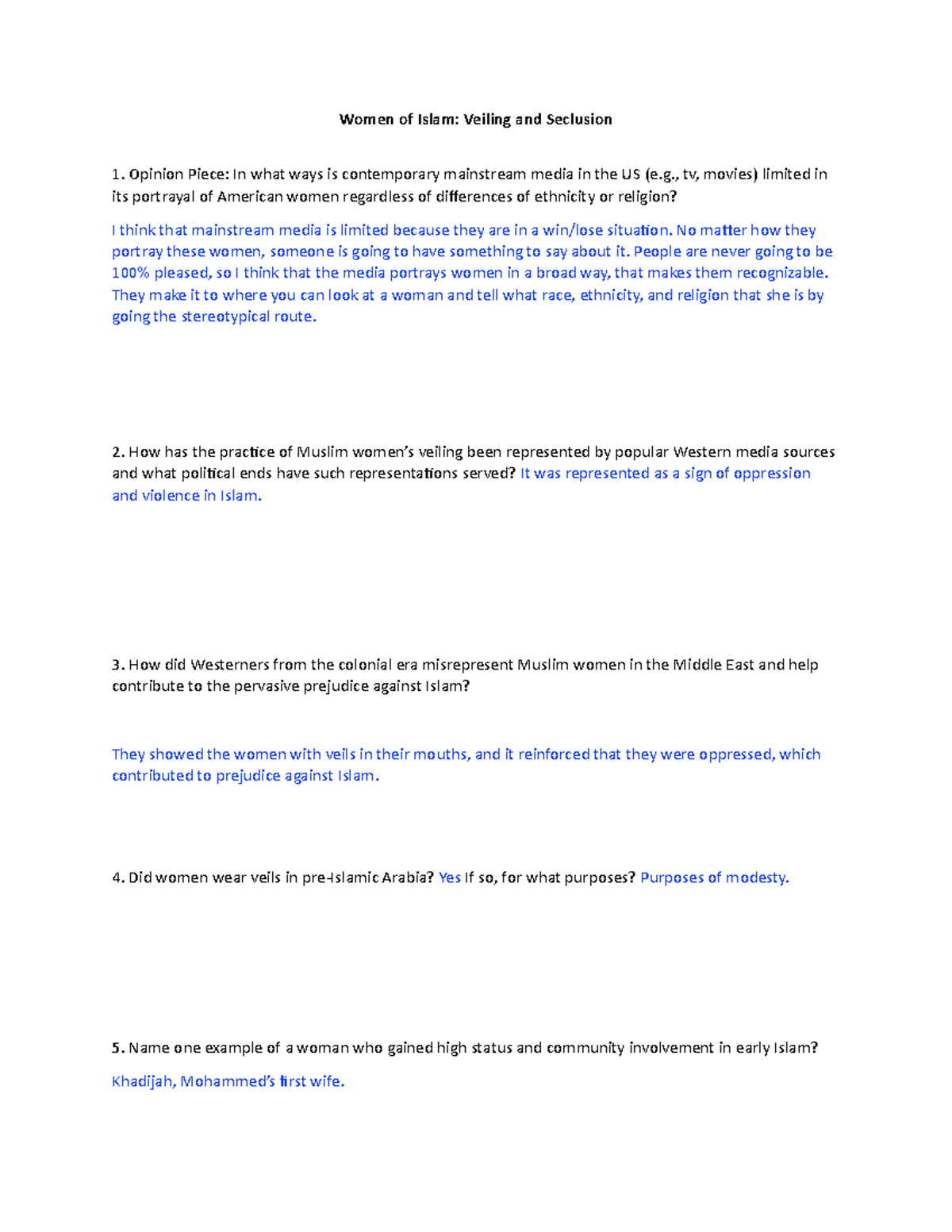 Film Worksheet-Women of Islam - Women of Islam: Veiling and Seclusion ...