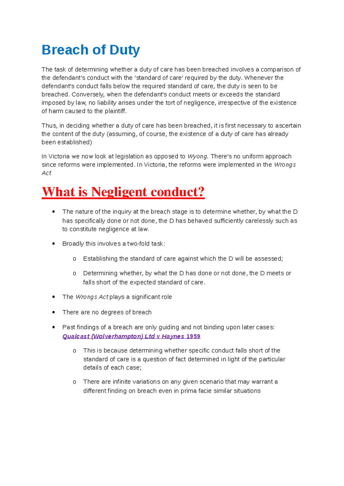 Torts B - Extended - Breach of Duty sample - Breach of Duty The task of ...