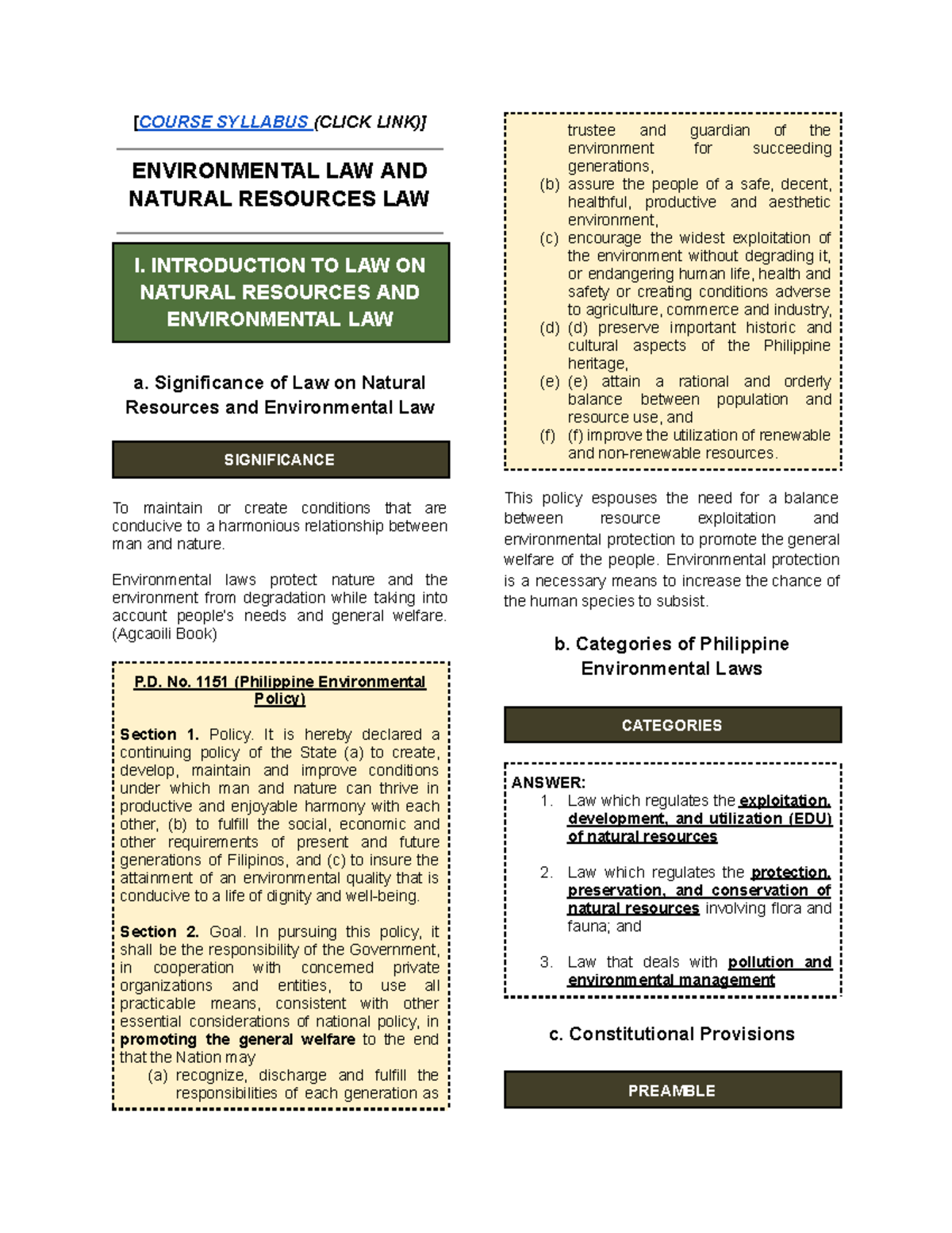 ENVI LAW Reviewer 1 - [COURSE SYLLABUS (CLICK LINK)] ENVIRONMENTAL LAW ...