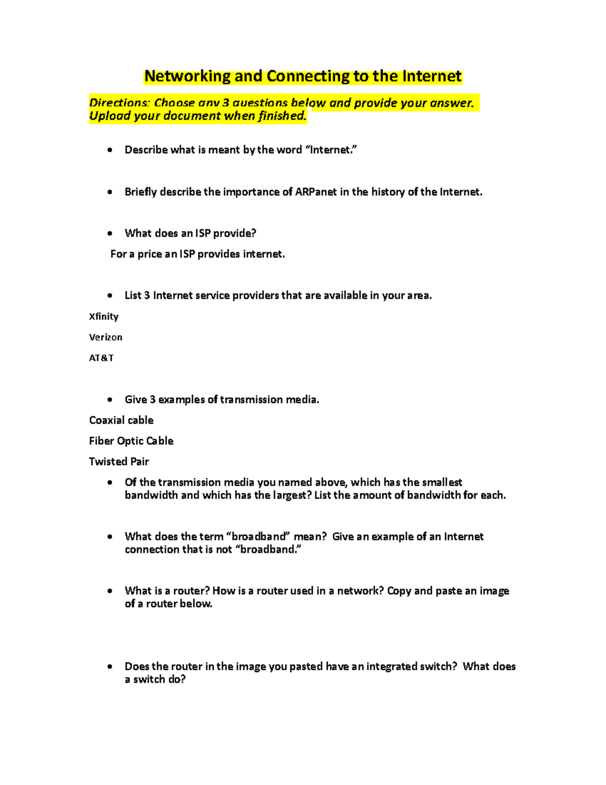 Assignement - Homework - Networking and Connecting to the Internet ...