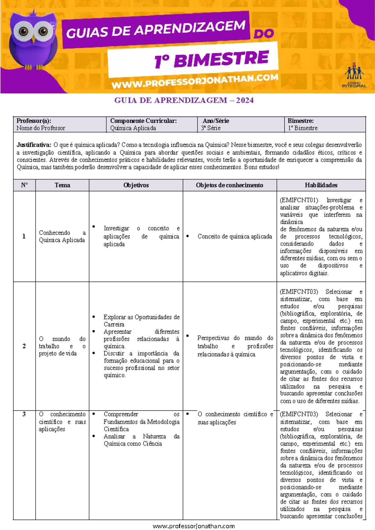 3ª Serie - Química Aplicada 1º Bimestre - 2024 - GUIA DE APRENDIZAGEM ...