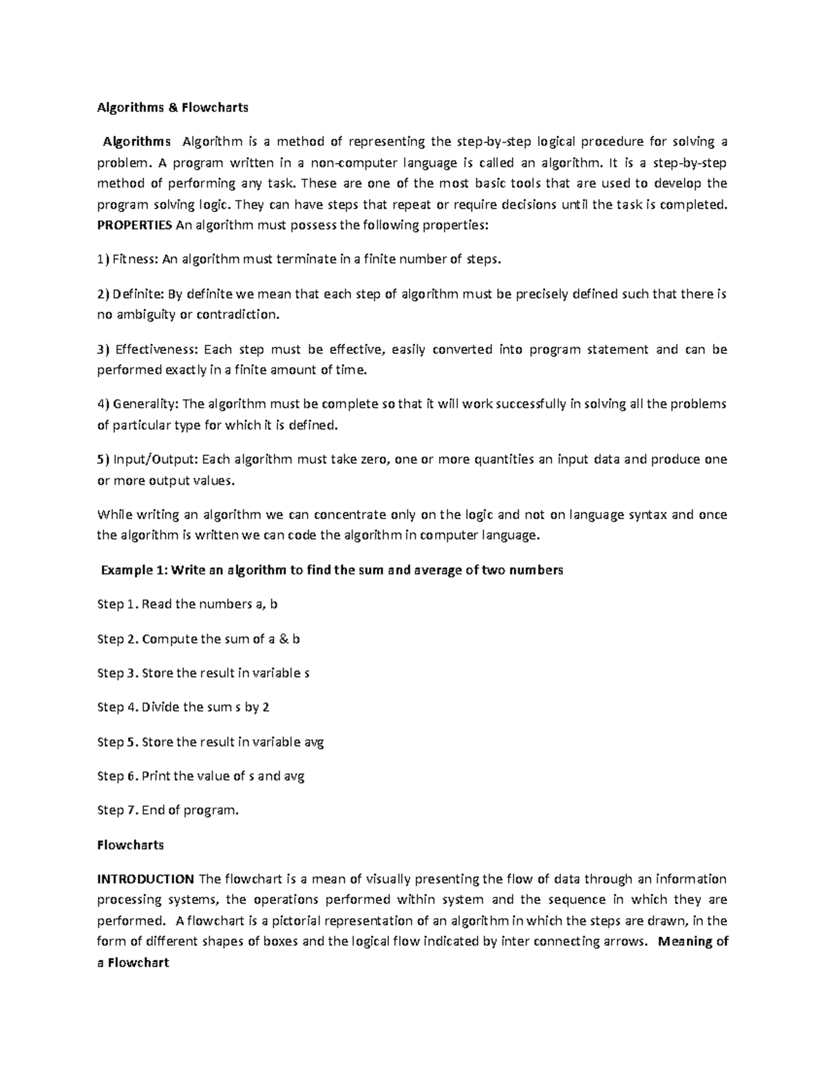 Programming in C lab basics - Algorithms & Flowcharts Algorithms Algorithm is a method of - Studocu