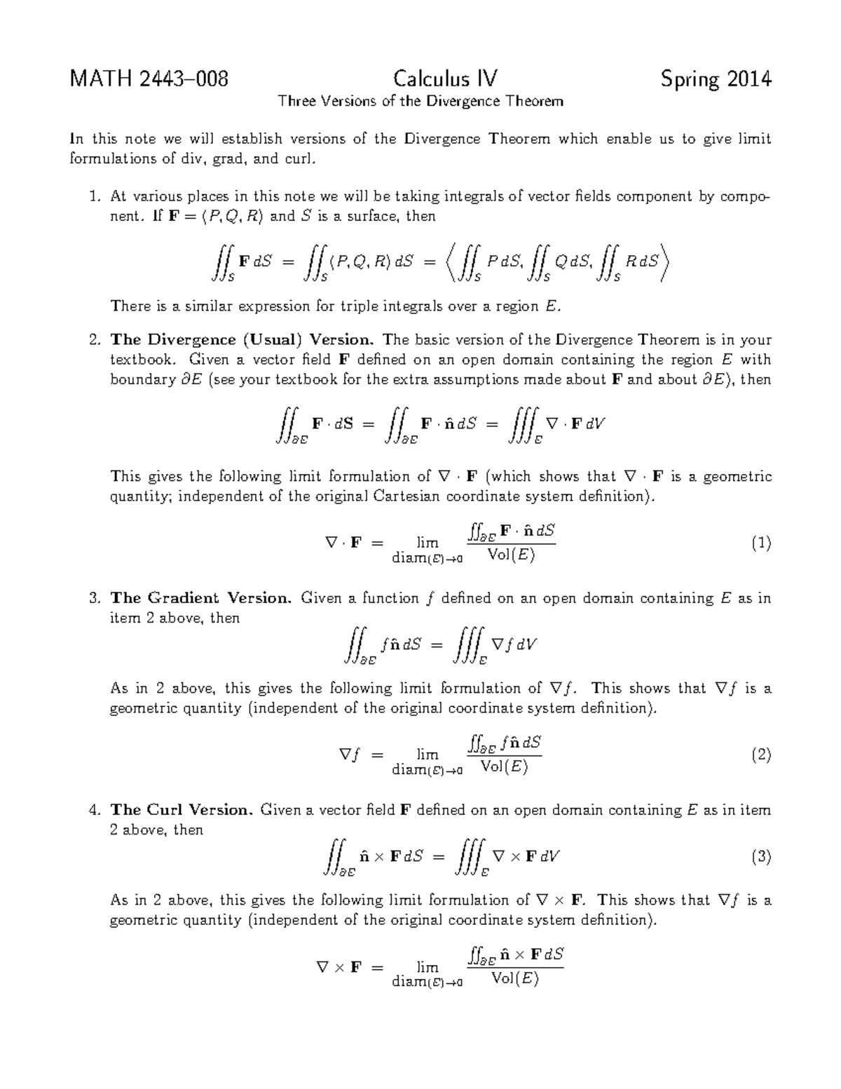 Math 2443 2014 notes - three versions of the divergence theorem - MATH ...