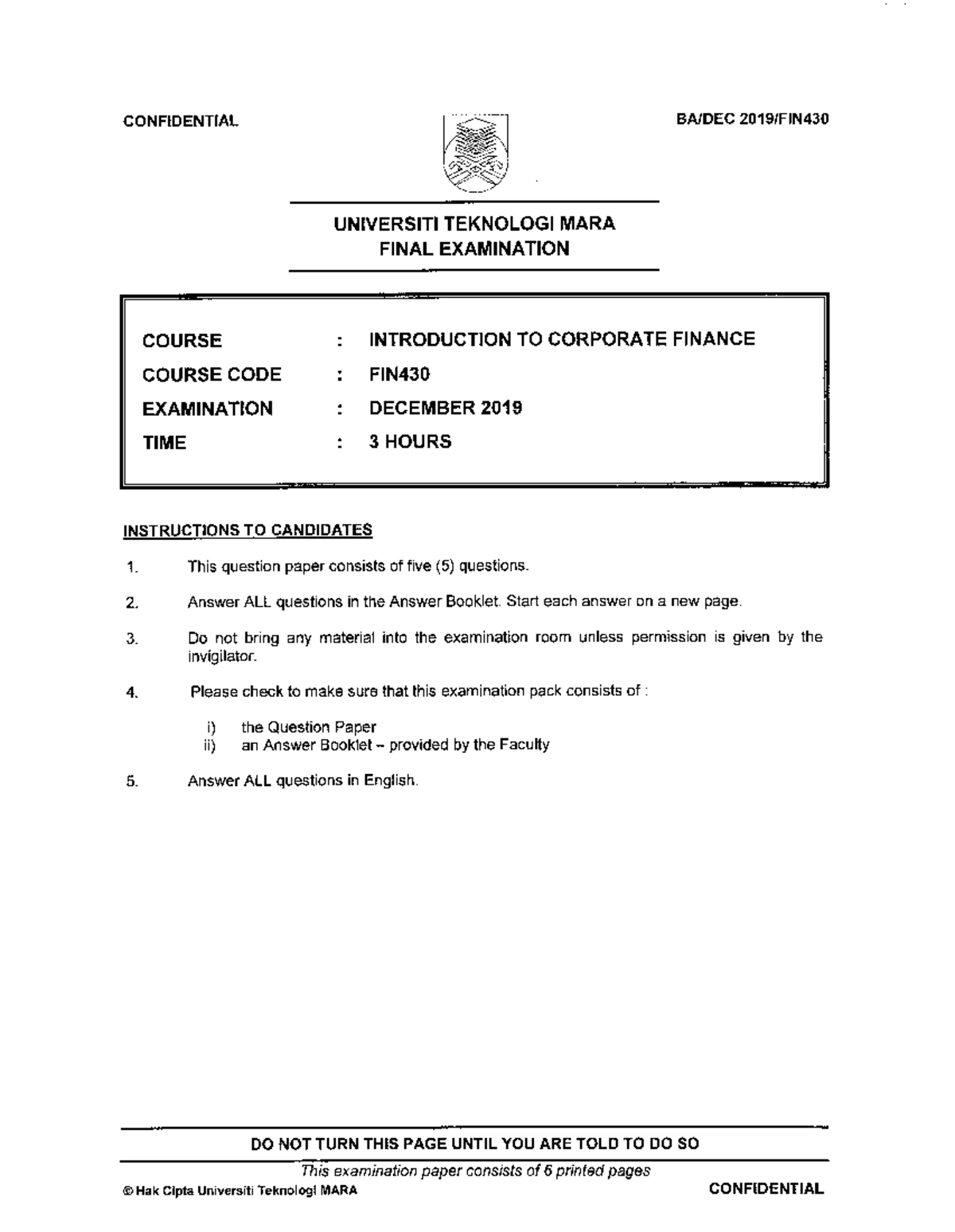 FIN430 PAST YEAR DEC 2019 - Introduction to Corporate Finance - UiTM ...