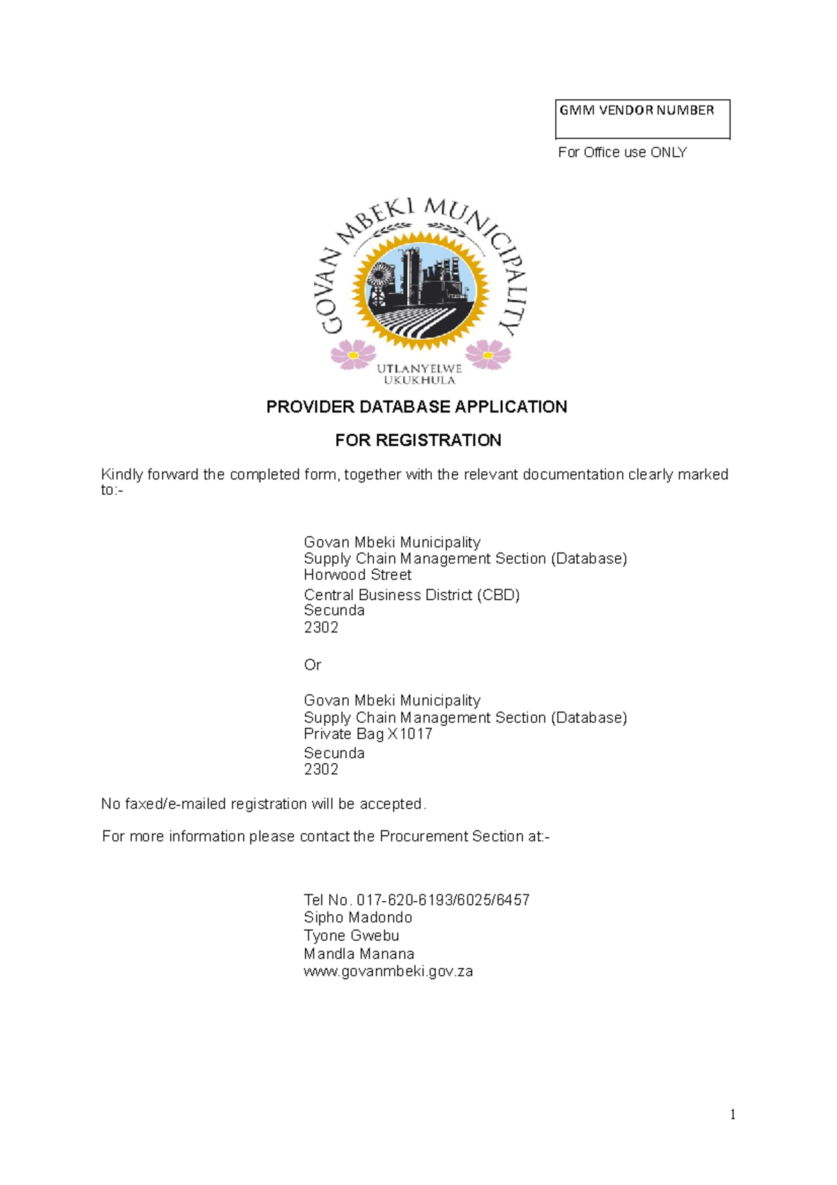 Scm database registration forms - 1 GMM VENDOR NUMBER For Office use ...