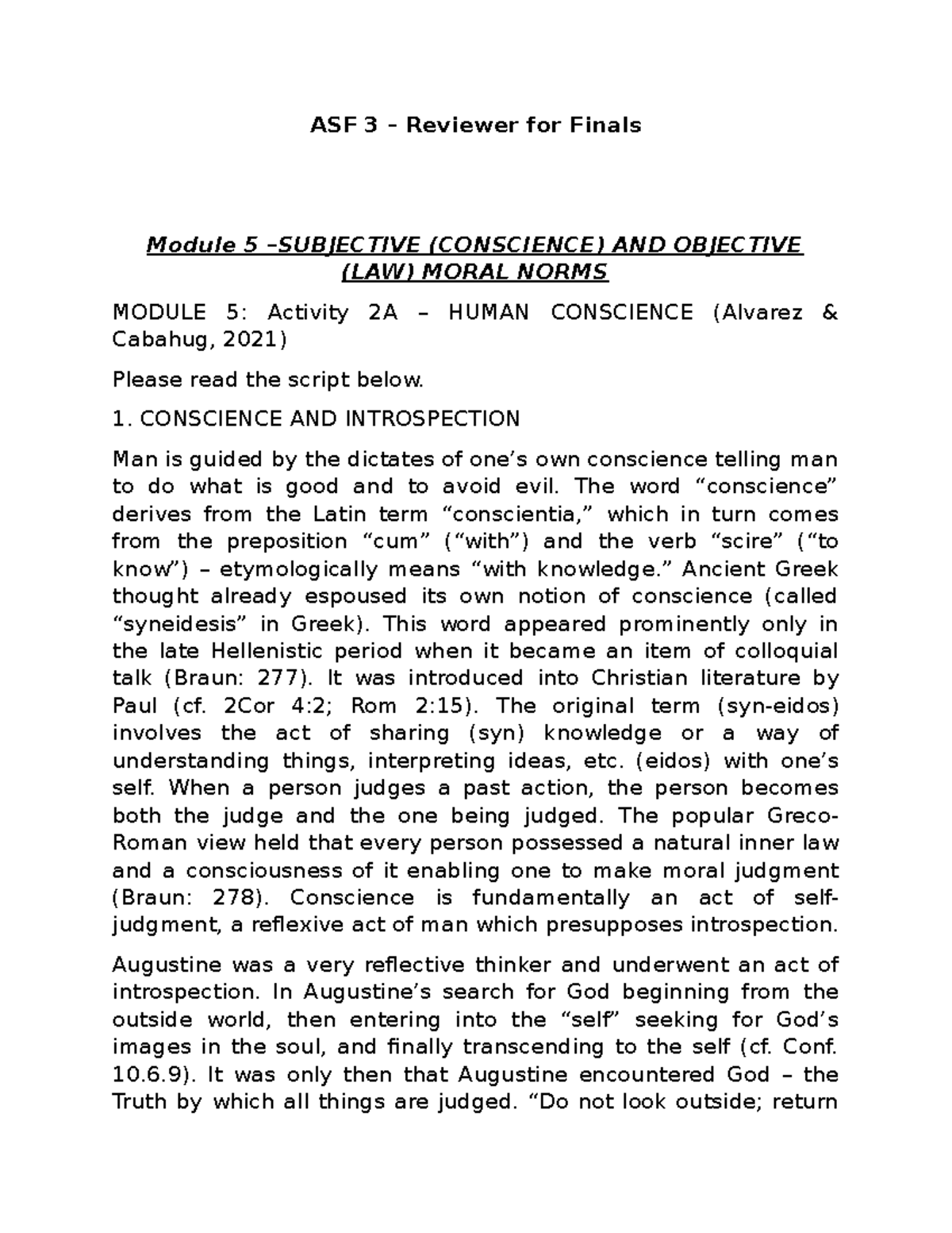 ASF_Module 8 Theo - ASF 3 – Reviewer for Finals Module 5 –SUBJECTIVE (CONSCIENCE) AND OBJECTIVE ...
