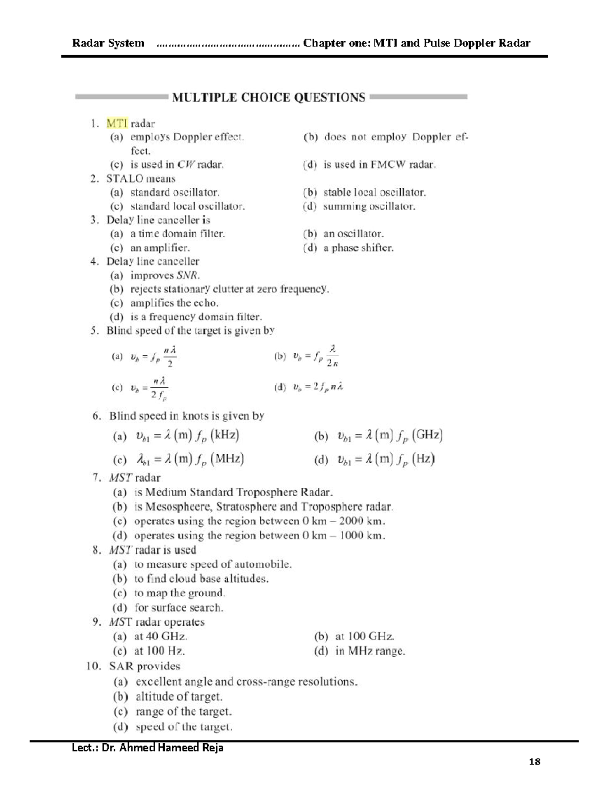 (2) Chapter 1 Part 2-2 MTI Radar - Lect.: Dr. Ahmed Hameed Reja Lect ...