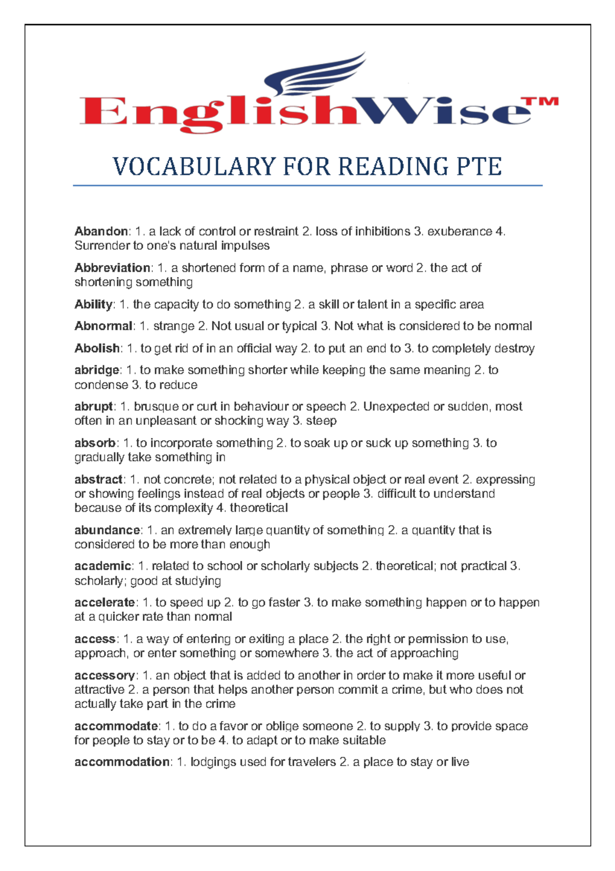Vocabulary FOR Reading PTE - VOCABULARY FOR READING PTE Abandon: 1. a ...