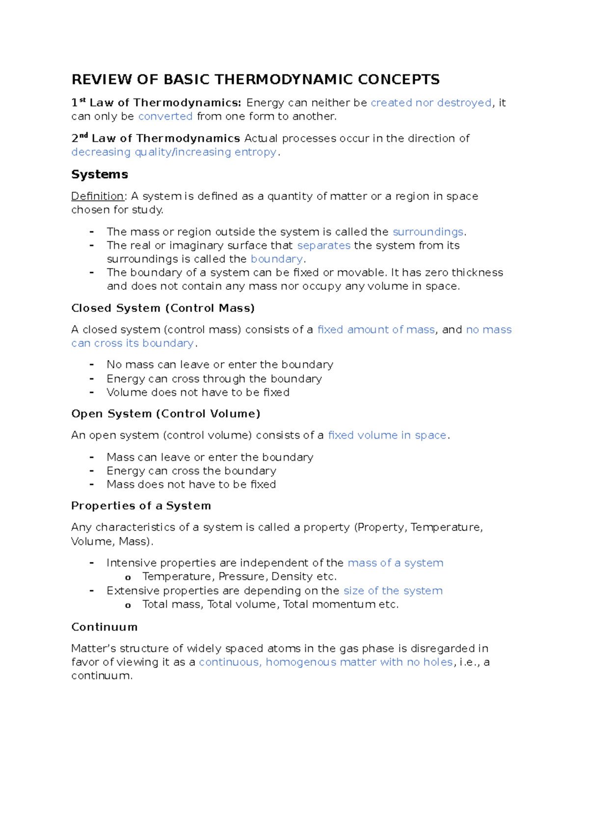 ME2121 Notes - REVIEW OF BASIC THERMODYNAMIC CONCEPTS 1 st Law of ...