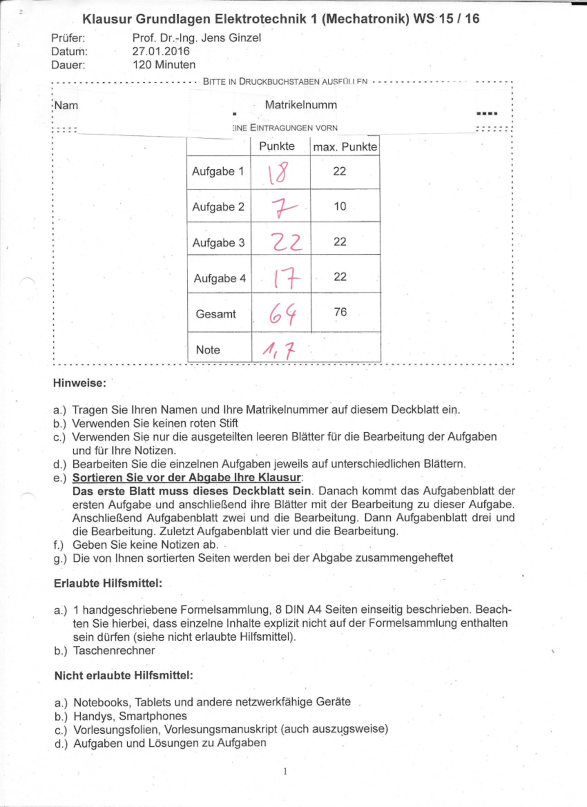 GE1 Wi Se15 Ginzel - Alte Klausur WS 15 - Grundlagen der Elektrotechnik 1 - Studocu