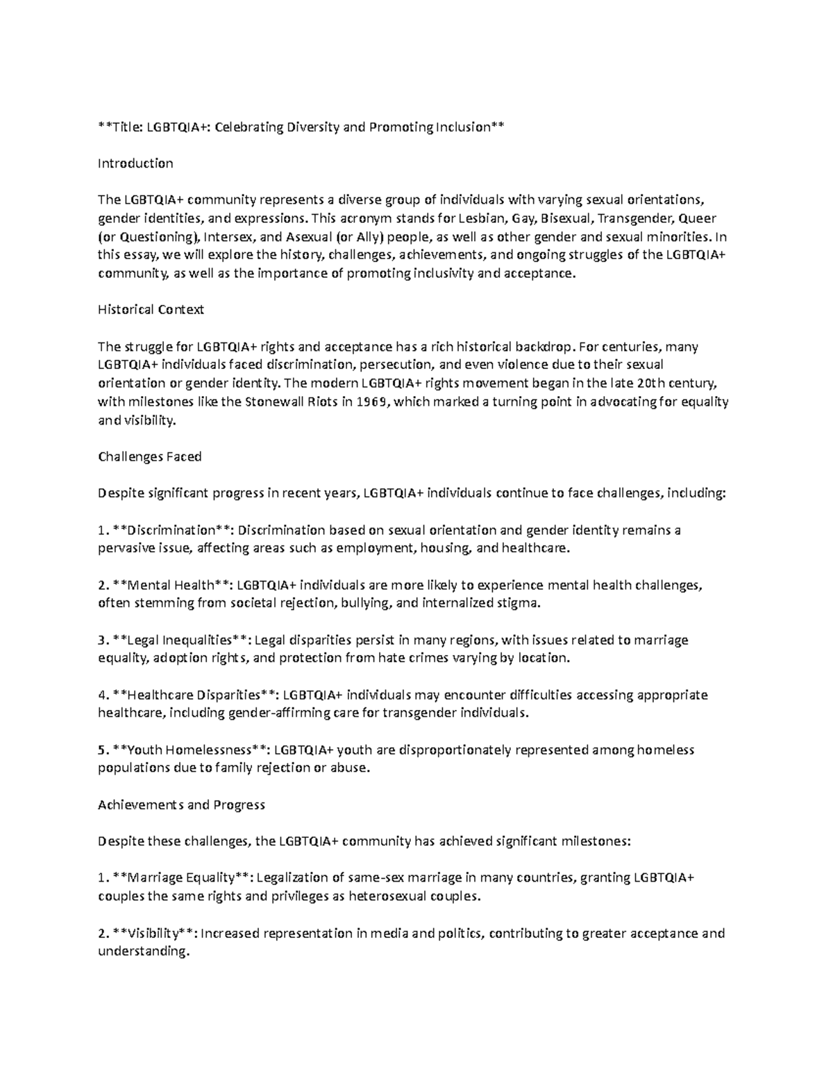 Lgbt essay 1 - Social science - Title: LGBTQIA+: Celebrating Diversity ...