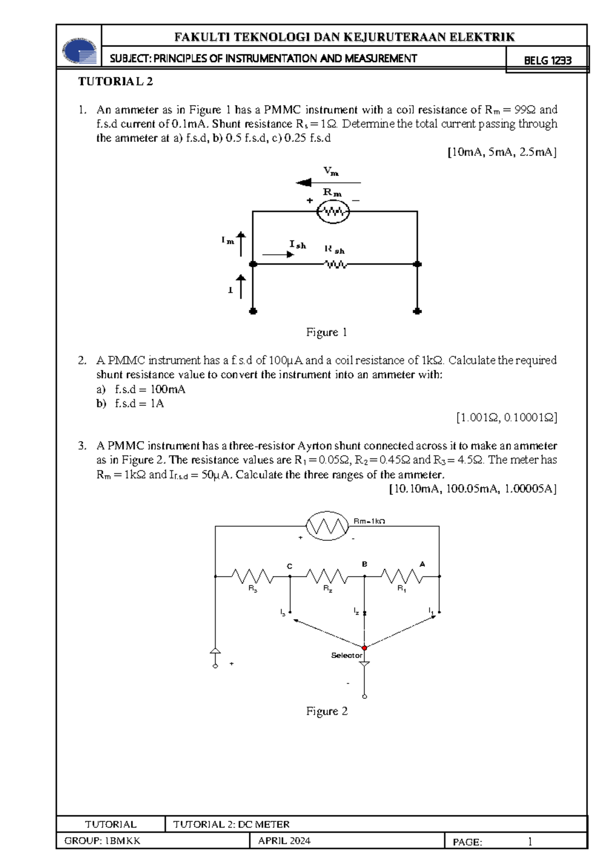 Tutorial 2 BMKK - FAKULTI TEKNOLOGI DAN KEJURUTERAAN ELEKTRIK SUBJECT: PRINCIPLES OF ...