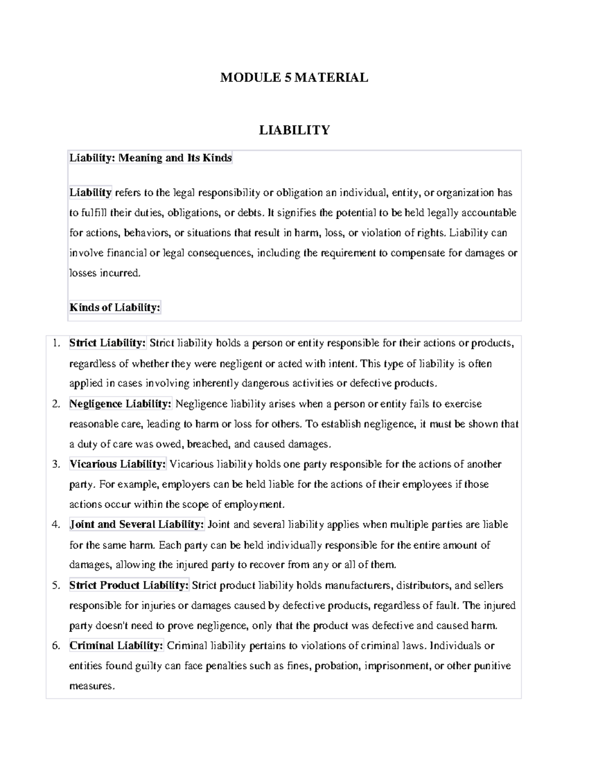 Module 5 material - MODULE 5 MATERIAL LIABILITY Liability: Meaning and ...