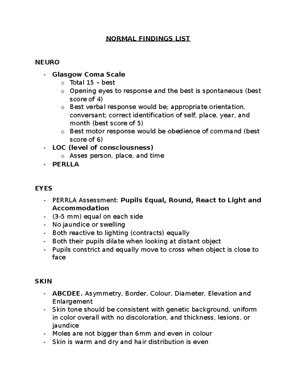 Normal Findings LIST - NORMAL FINDINGS LIST NEURO Glasgow Coma Scale o ...
