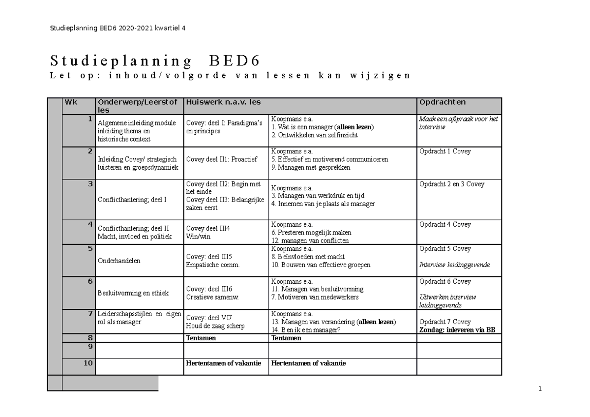 Studieplanning BED 6 2018-2019 studieplanning studie - Studieplanning ...