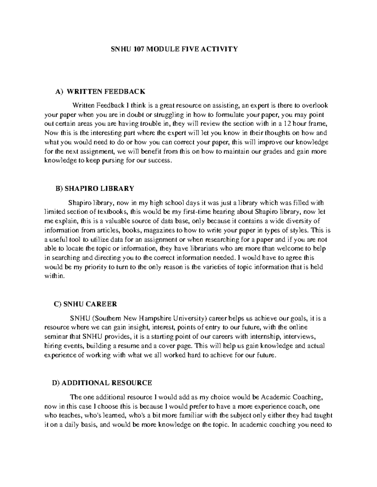 Module 5 Activity - essay - SNHU 107 MODULE FIVE ACTIVITY A) WRITTEN ...