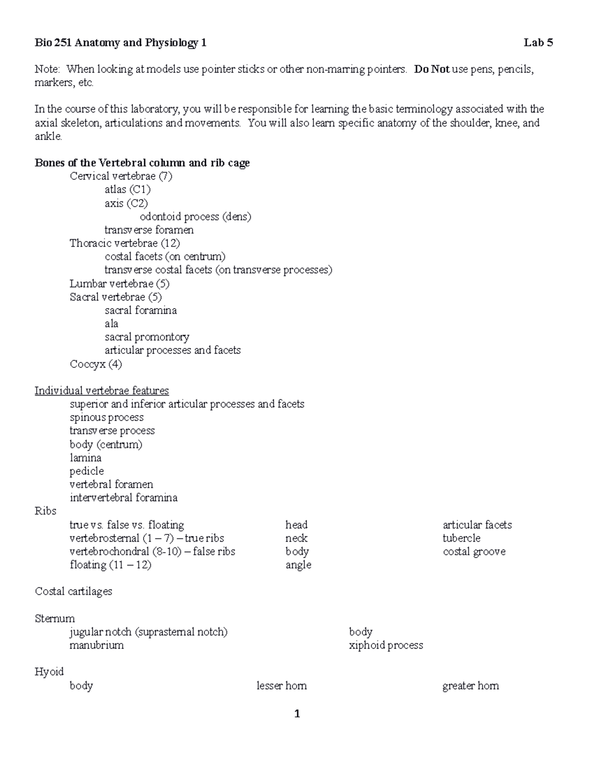 BIO 251 Lab 5 Axial Skeleton and Articulations Spring 2023 - Bio 251 Anatomy and Physiology 1 ...