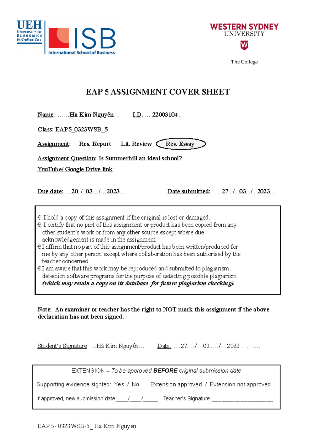 EAP5-0323WSB-5 Hà Kim Nguyên Summerhill Essay - EAP 5 ASSIGNMENT COVER ...