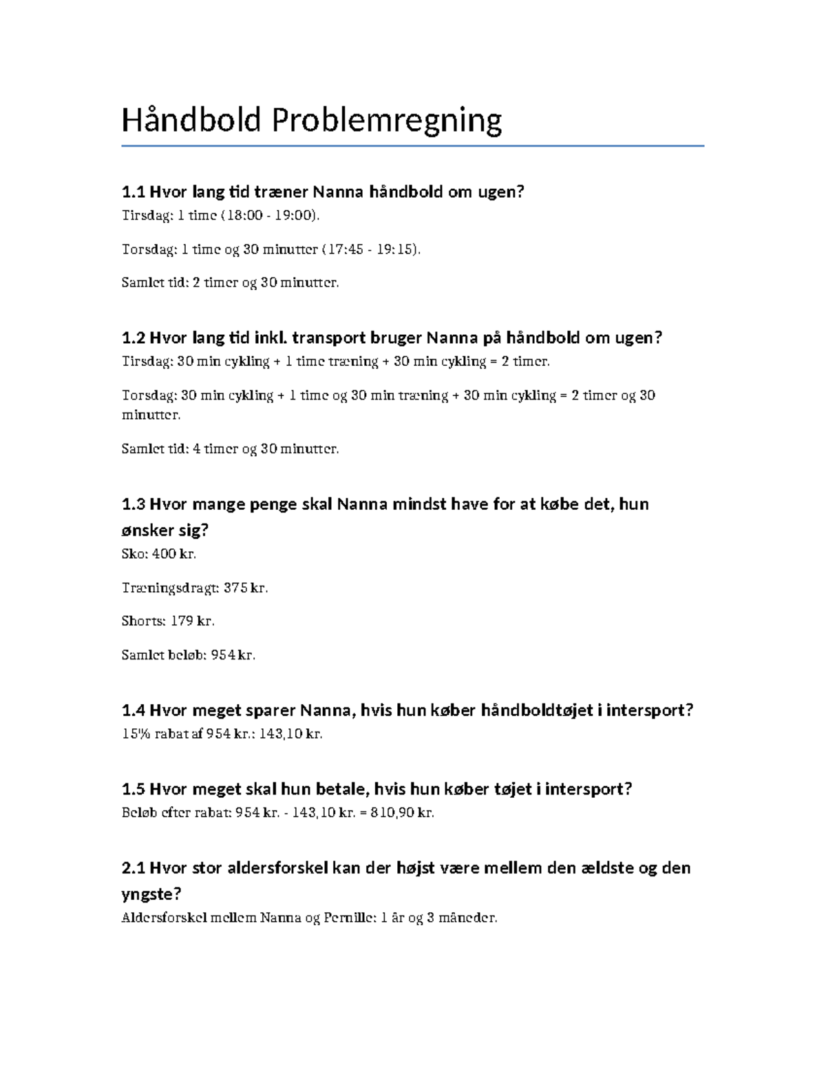 Handbold Problemregning alle svar - Håndbold Problemregning 1 Hvor lang tid træner Nanna ...