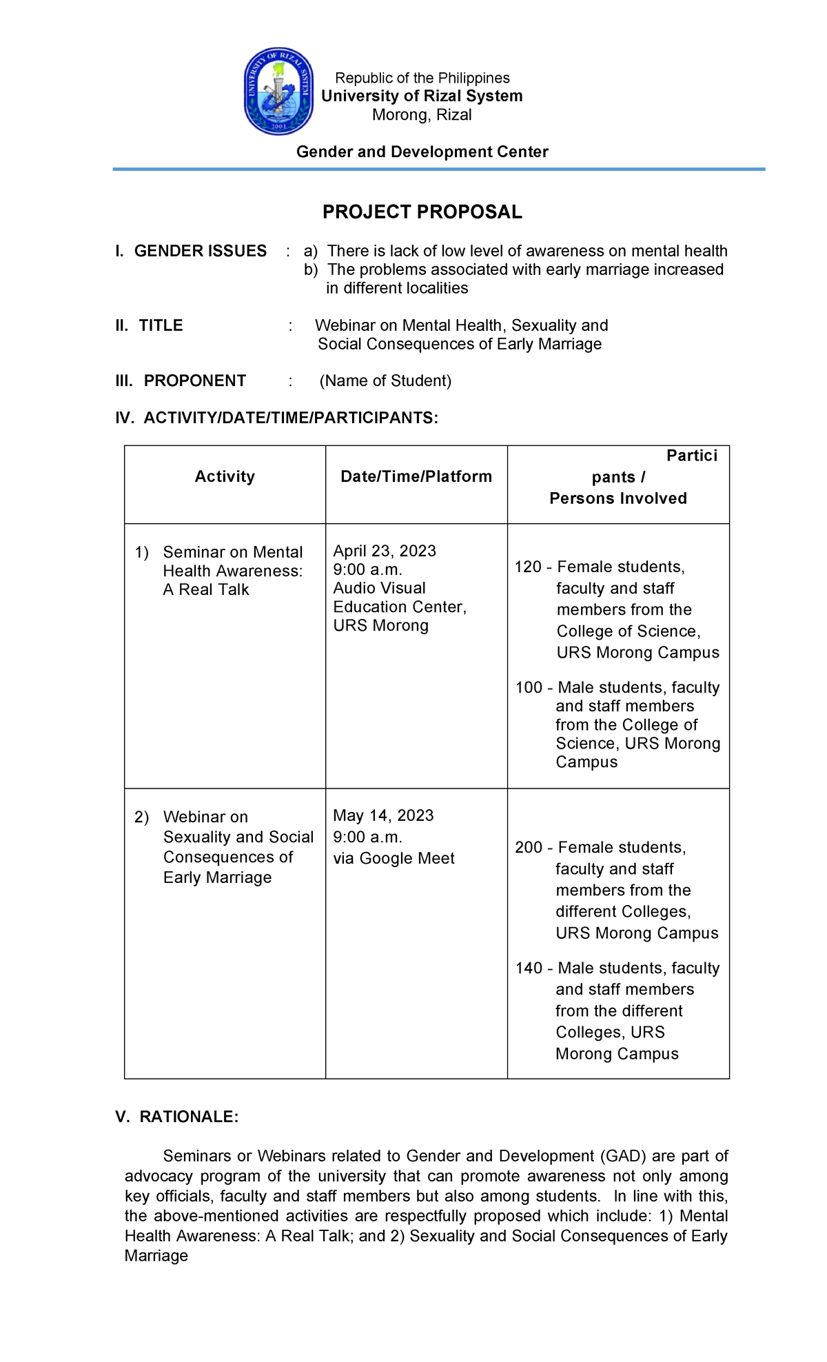 Sample Project Project Proposal - Republic of the Philippines ...