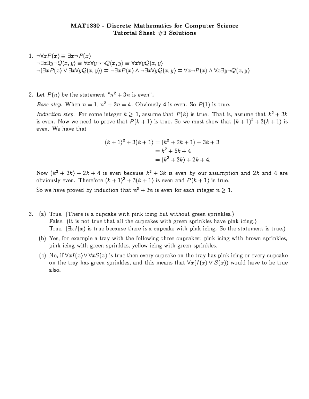 Tute3Solns - tute3sols - MAT1830 - Discrete Mathematics for Computer Science Tutorial Sheet #3 ...