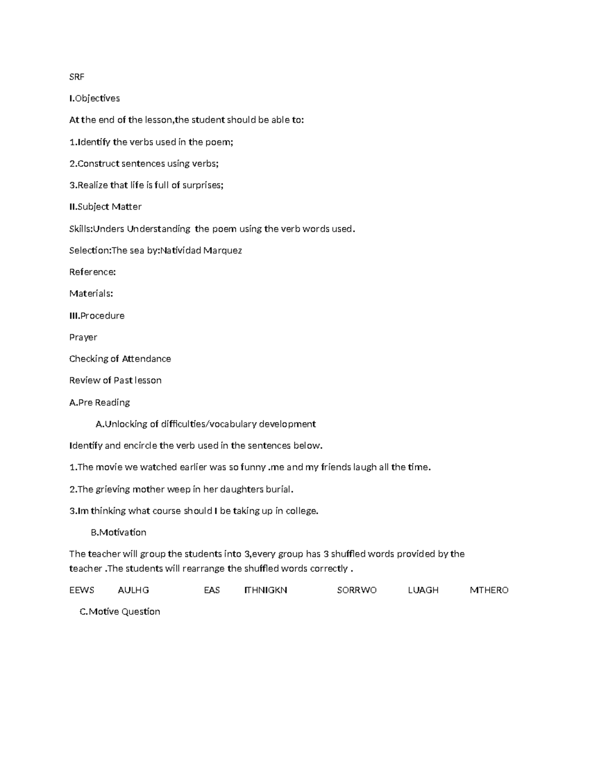 9 Lesson Plans IN Remedial Teaching - SRF I At the end of the lesson ...