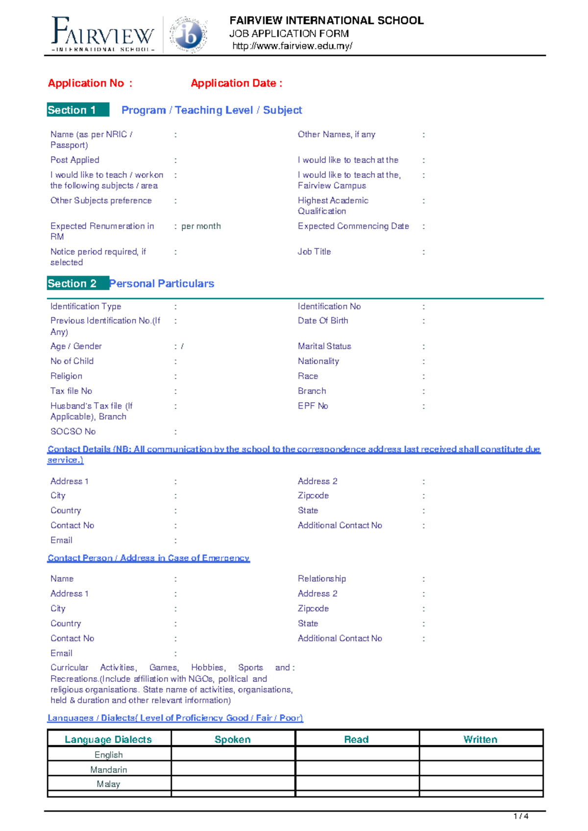 FIS Application form pdf - JOB APPLICATION FORM fairview.edu ...