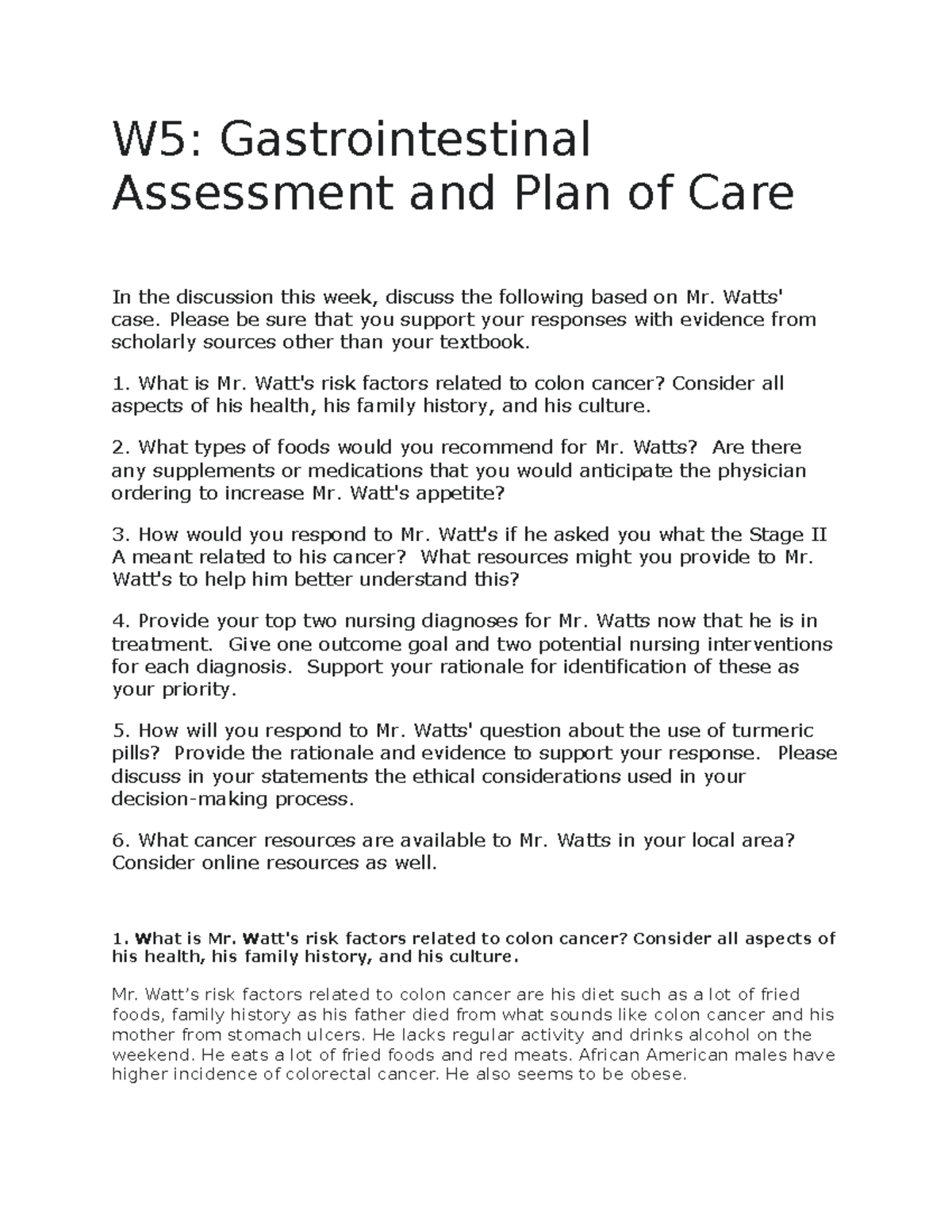 W5 Discussion - W5: Gastrointestinal Assessment and Plan of Care In the ...
